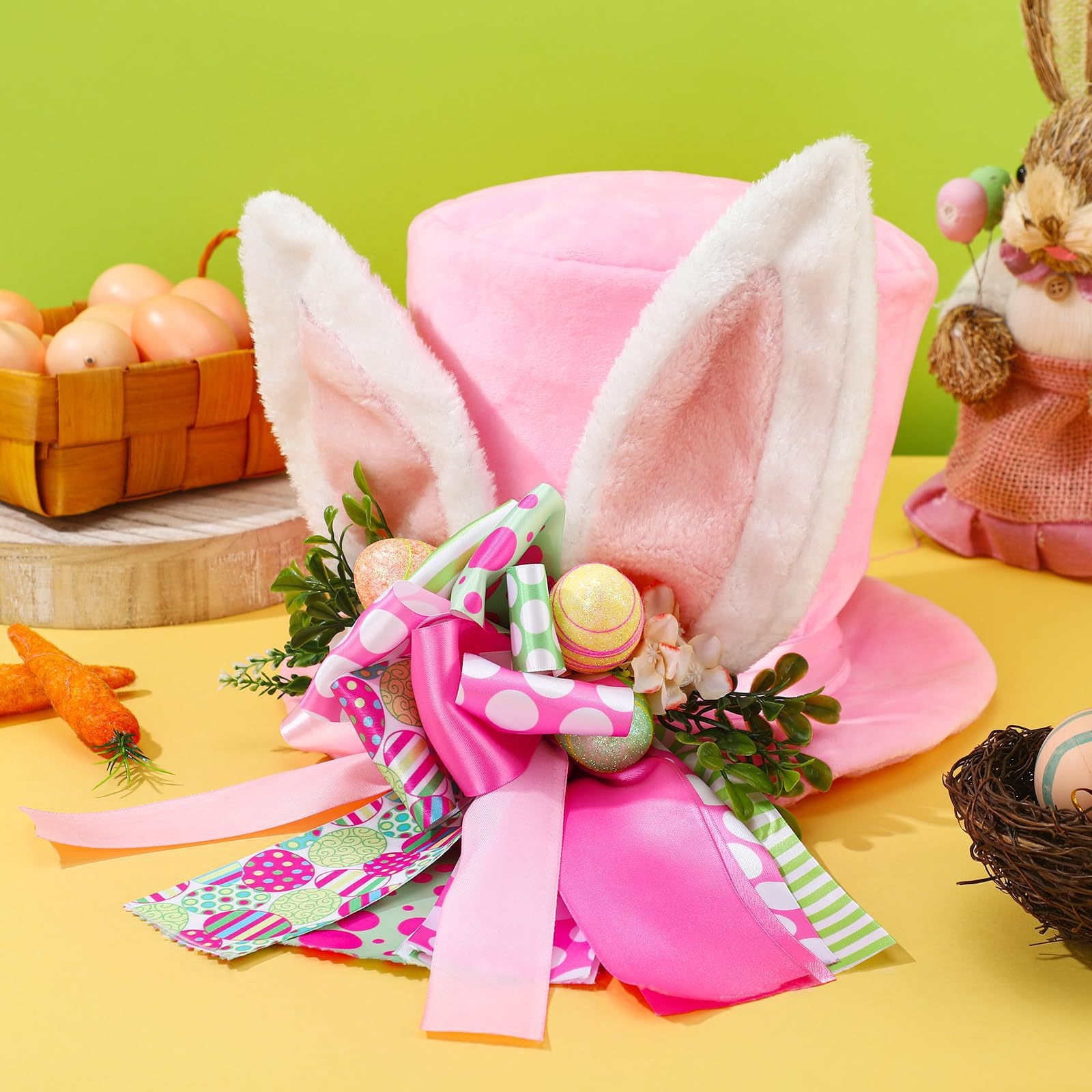 EWASWON Easter Bunny Hat Decoration, Plush Pink Bunny Top Hat with Bow ...