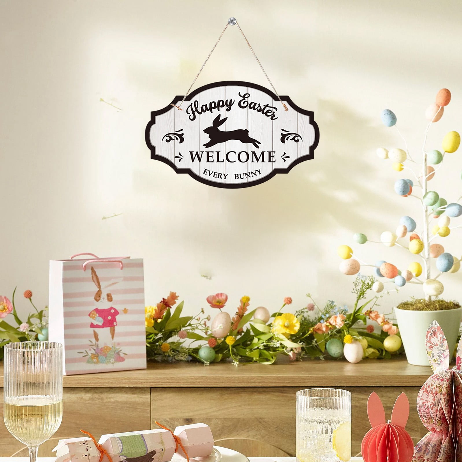 EWASWON Easter Bunny Wooden Hanging Sign - Cute Easter Egg Wall Decor ...