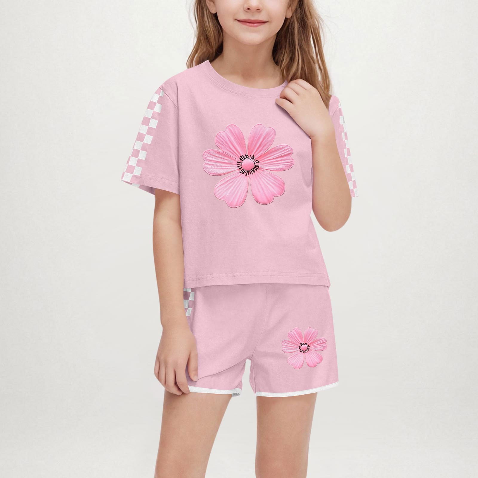 EWASWON Girls Floral & Checkered Sleeve Outfit Set - Summer Two-Piece ...