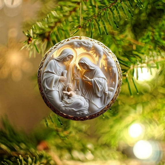 EWASWON Glowing Nativity Scene Ornament, Round Acrylic Christmas Tree ...
