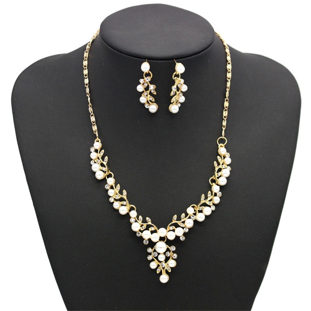 EWASWON Lady Wedding Pearl Rhinestone Short Necklace Earrings Jewelry ...