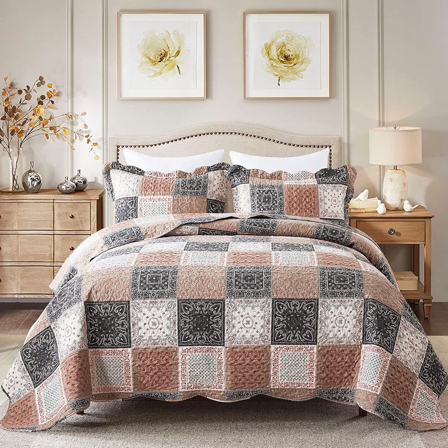 EWAYBY King Size Microfiber 3-Piece Quilt Set, Reversible Floral ...