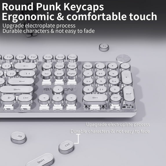EWEADN V20 Punk Typewriter Mechanical Gaming Keyboard, 104 Keys Round Keycaps LED White Backlit ...