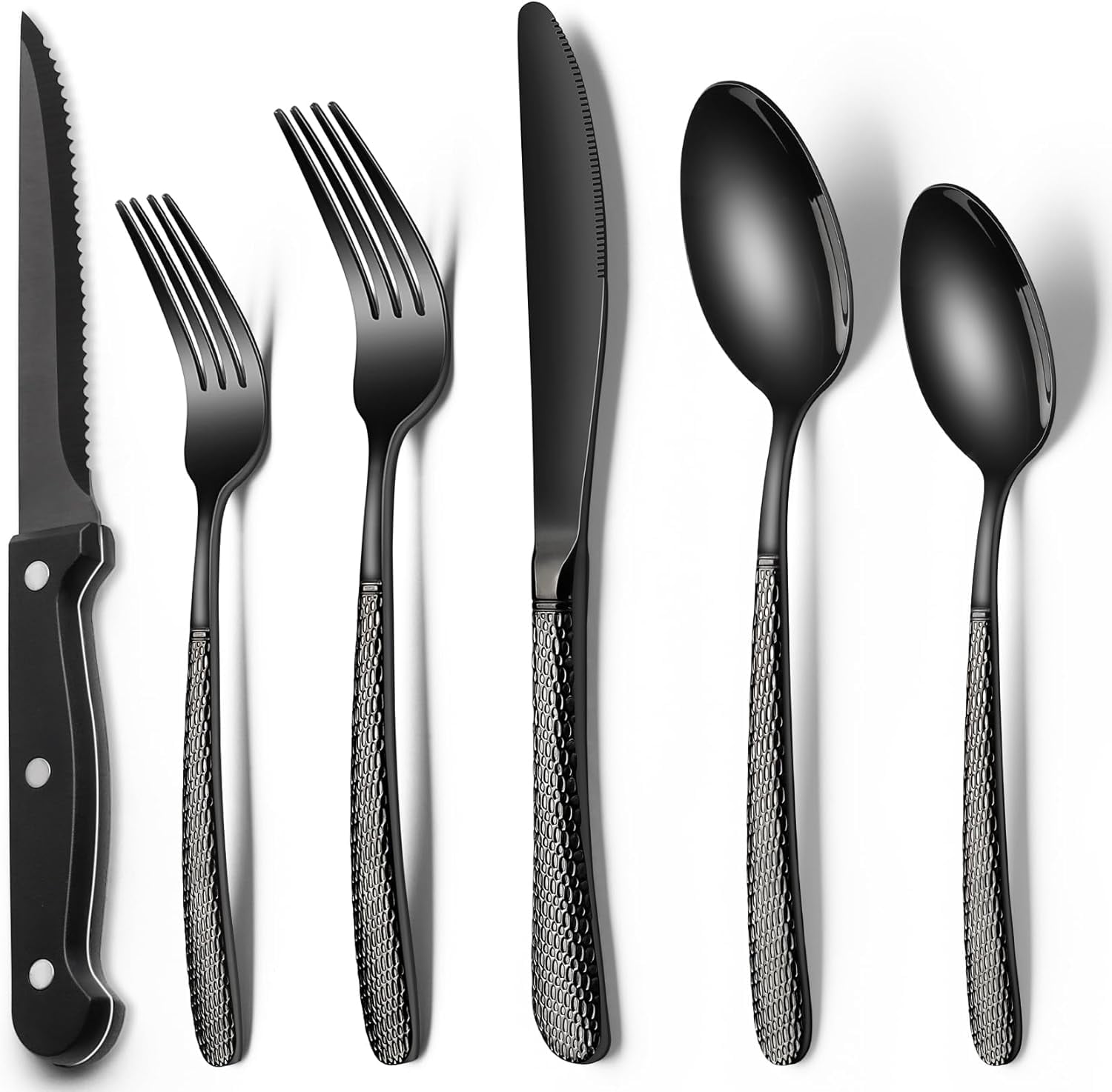EWFEN Black Hammered Silverware Set with Steak Knives, 24-Piece ...