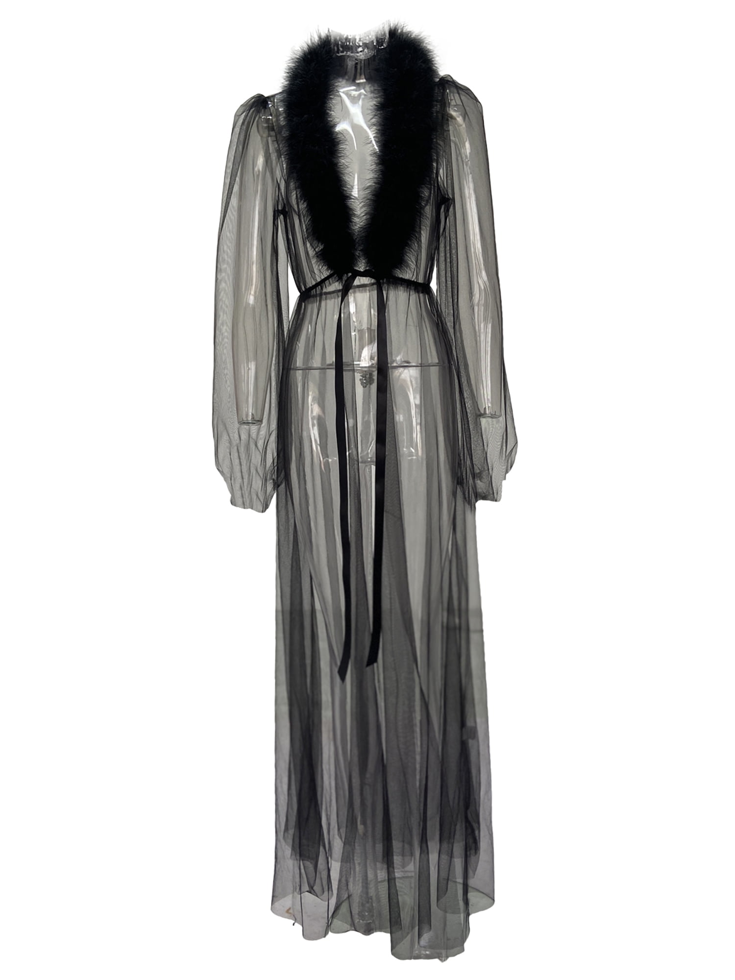 EWODOS Women Robes, Fuzzy Patchwork Mesh Sheer Tied-Waist long Gown ...