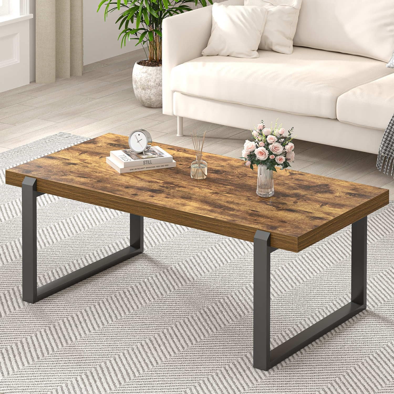 EXCEFUR Modern Coffee Table, Industrial Wood and Metal Center Table ...