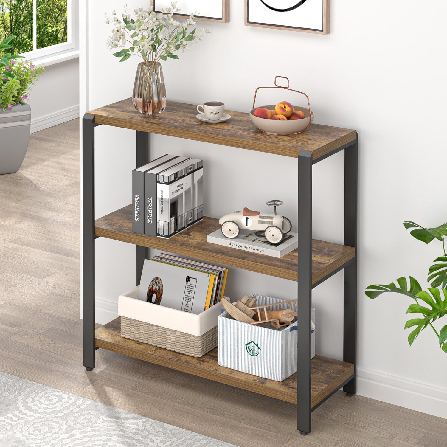 EXCEFUR Small Bookshelf, 3 Tier Short Low Book Shelf, Modern Metal and ...