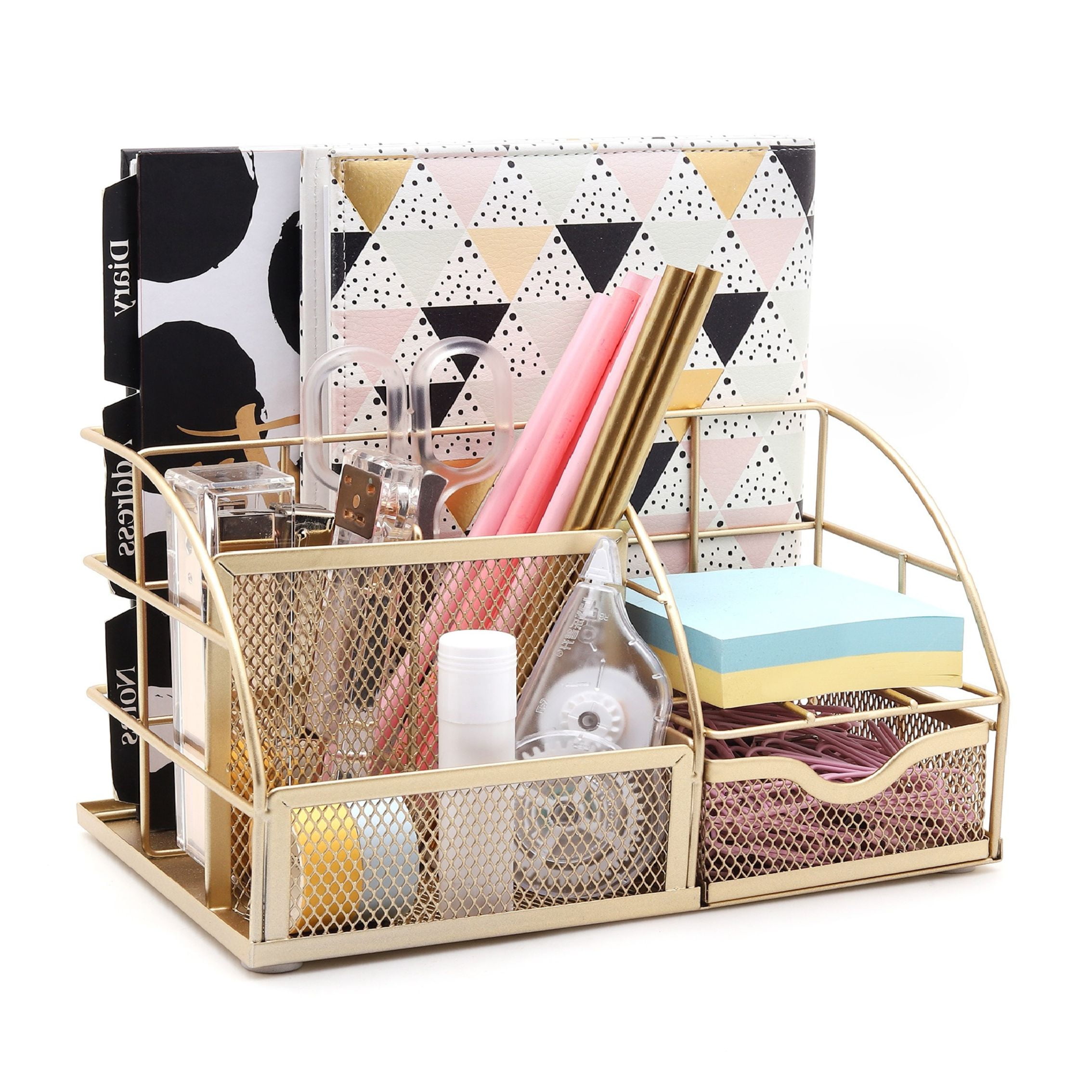 Exerz Wire Mesh Desk Organizer, Gold, 6 Compartments Plus Drawer ...