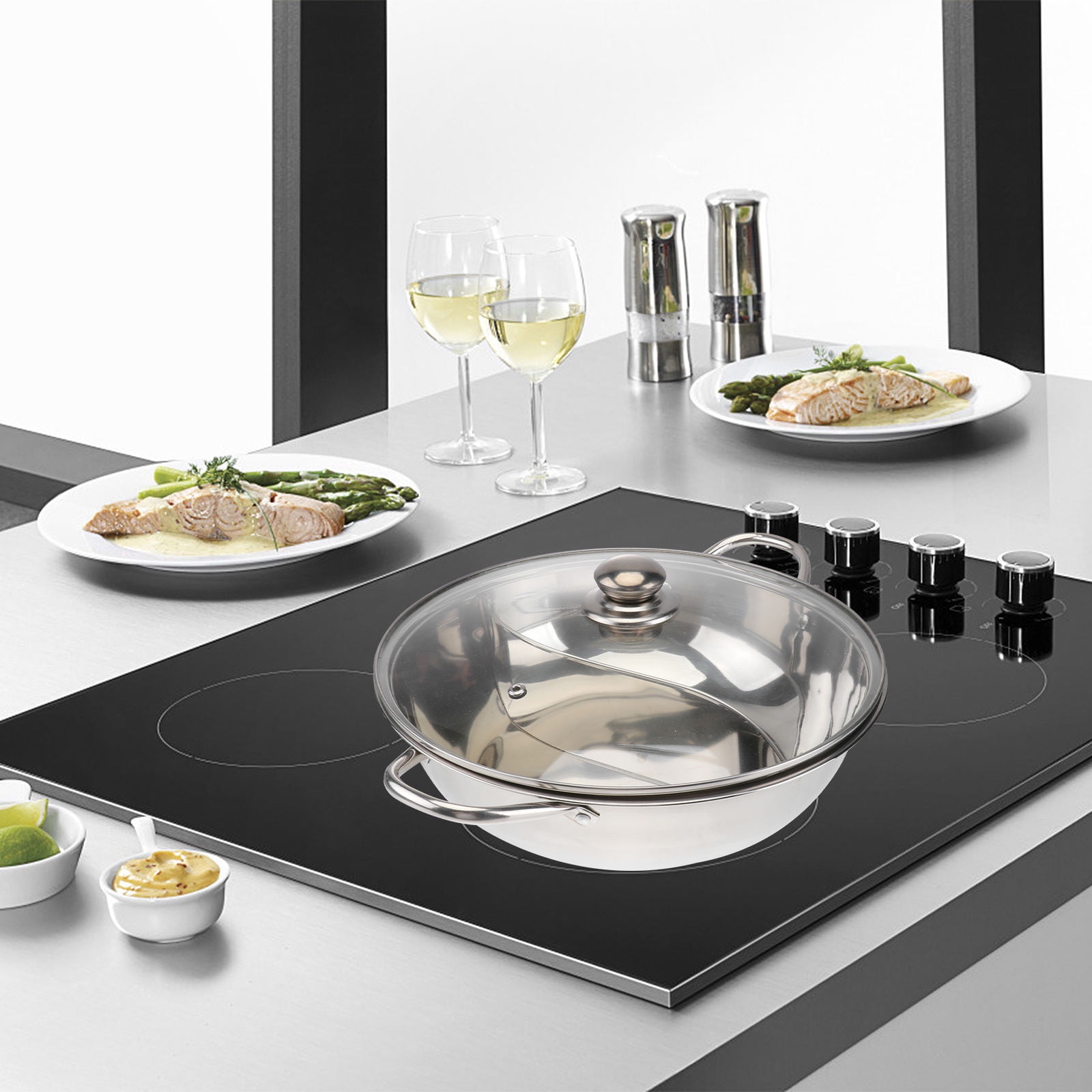 EXHUMKY 1Set Stainless Cookware Pot 32cm Glass Dual Divider Design For ...