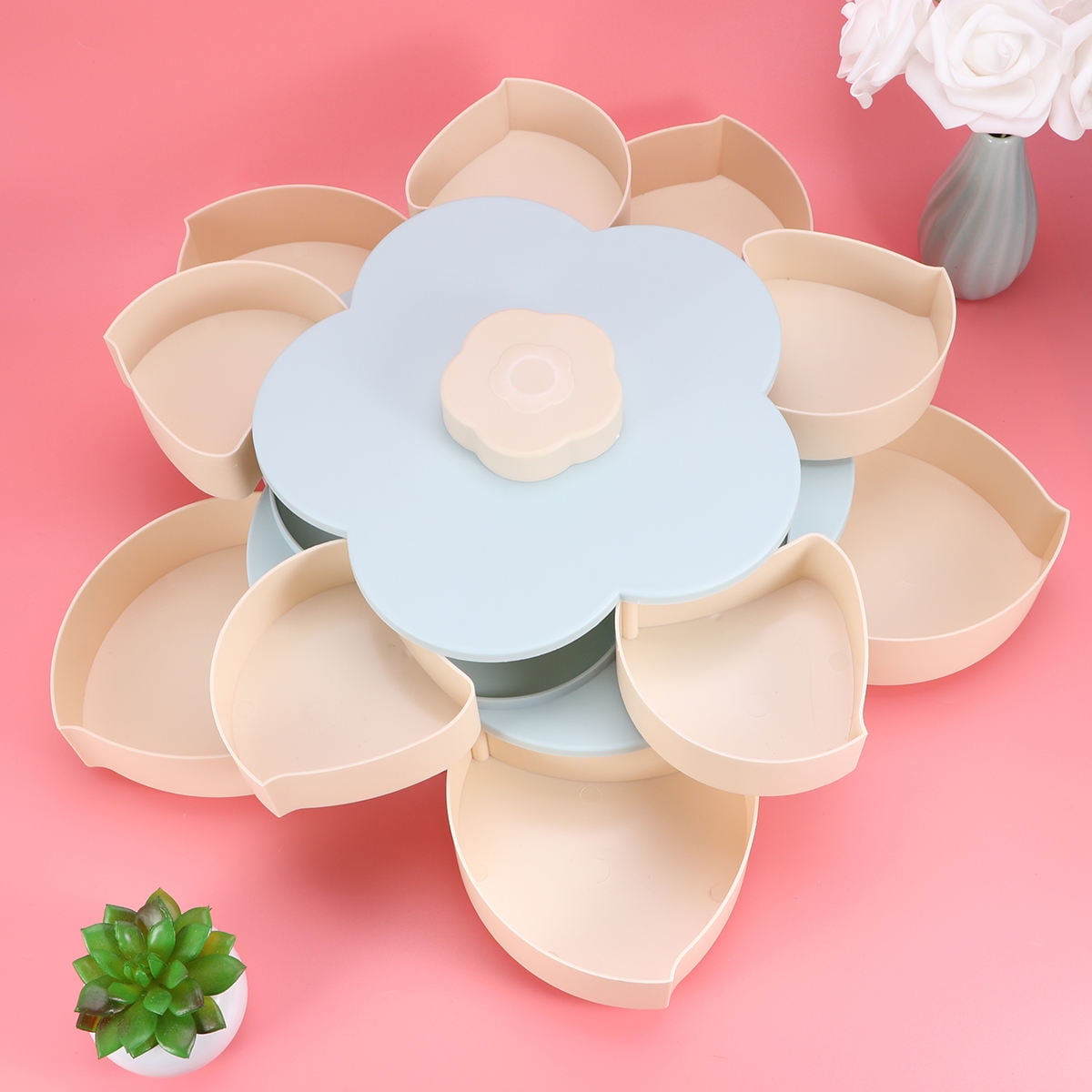 EXHUMKY Double Layer Snack Bowl Blue Fruit Tray With Multi Section ...