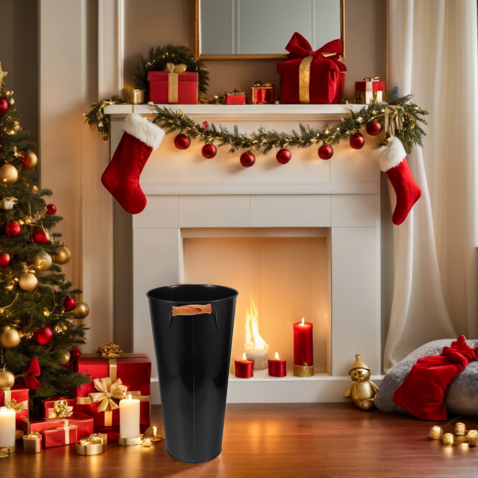 EXHUMKY Indoor Firewood Storage Bin Metal Bucket with Handle for Fire ...