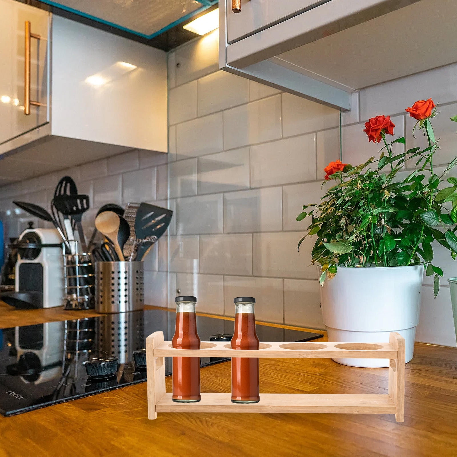 EXHUMKY Khaki 34X10X8CM Wooden Spice Rack for Countertop Spice Rack ...