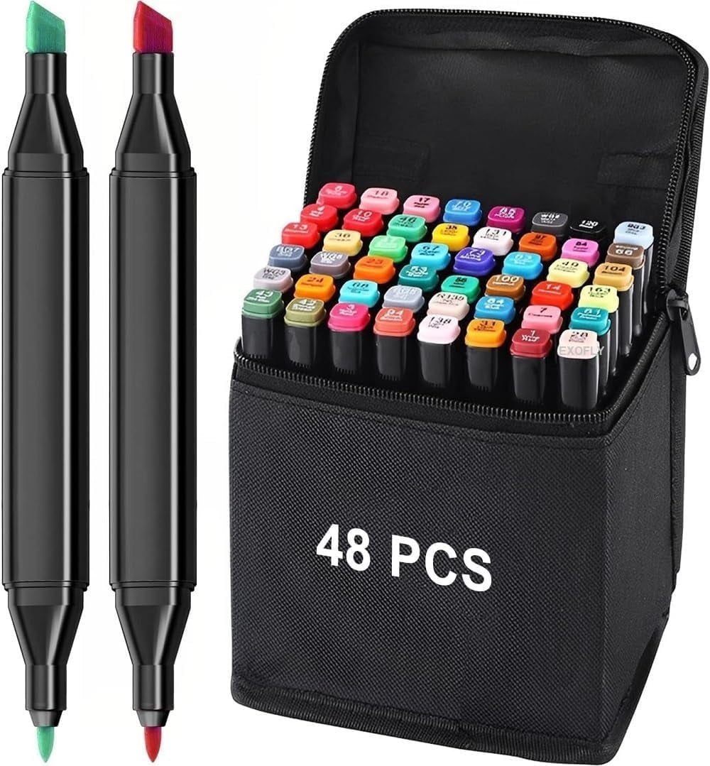 EXOFLY Dual Tip Art Markers 48 Colours With Carrying Case For Painting ...