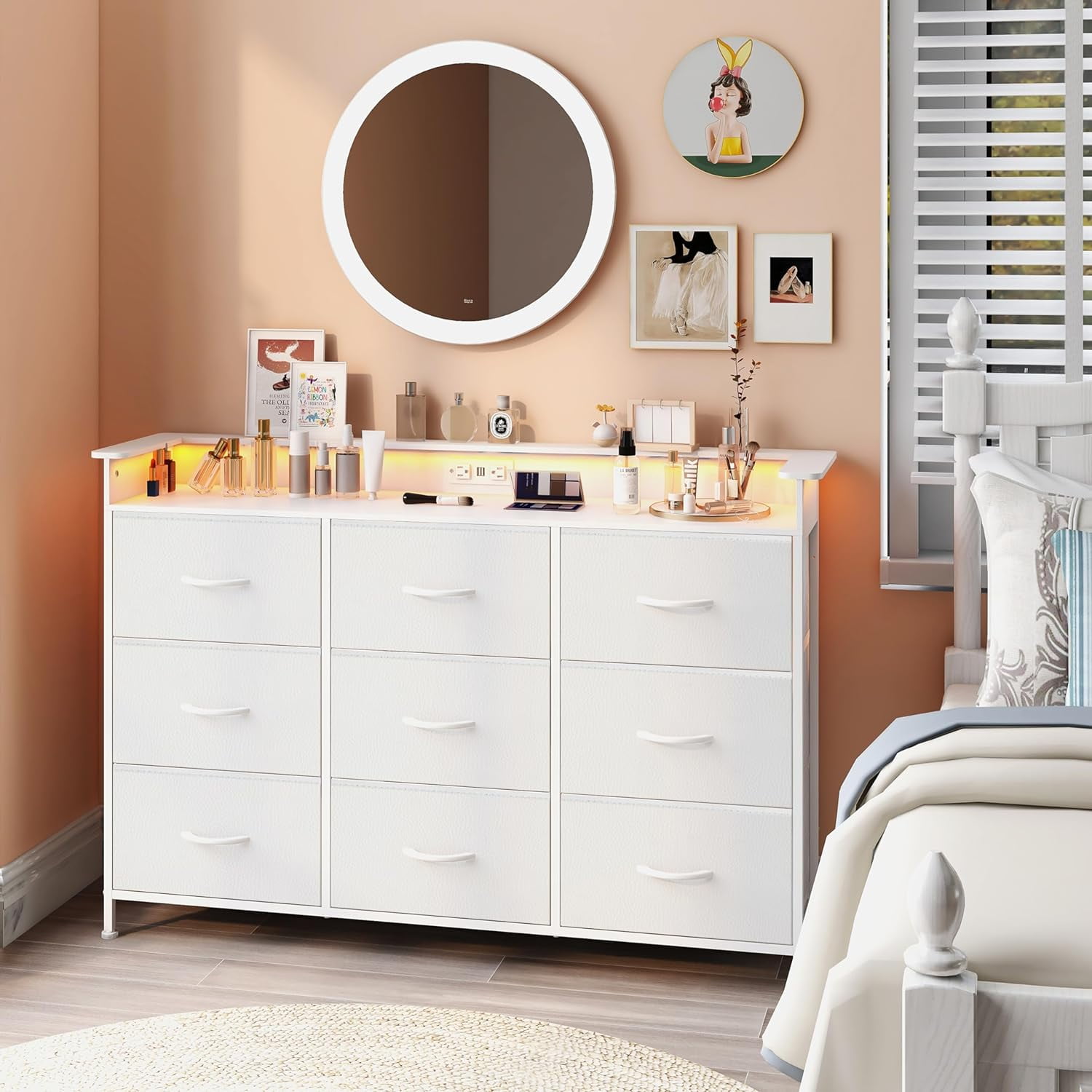 EXOTICA White Dresser with LED Light for Bedroom 9 Drawer Dressers with ...