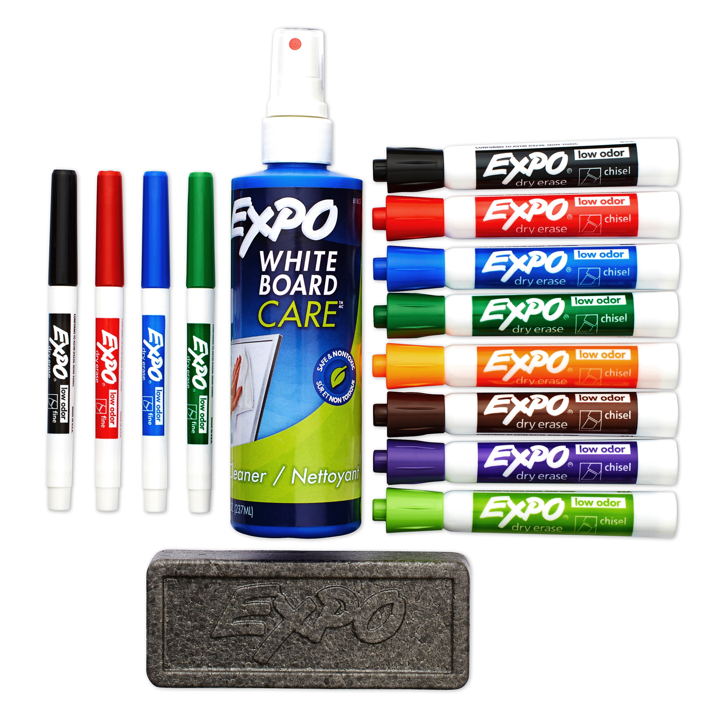 Expo Low-Odor Dry-Erase Marker, Fine Tip, Whiteboard Eraser & Cleaner ...