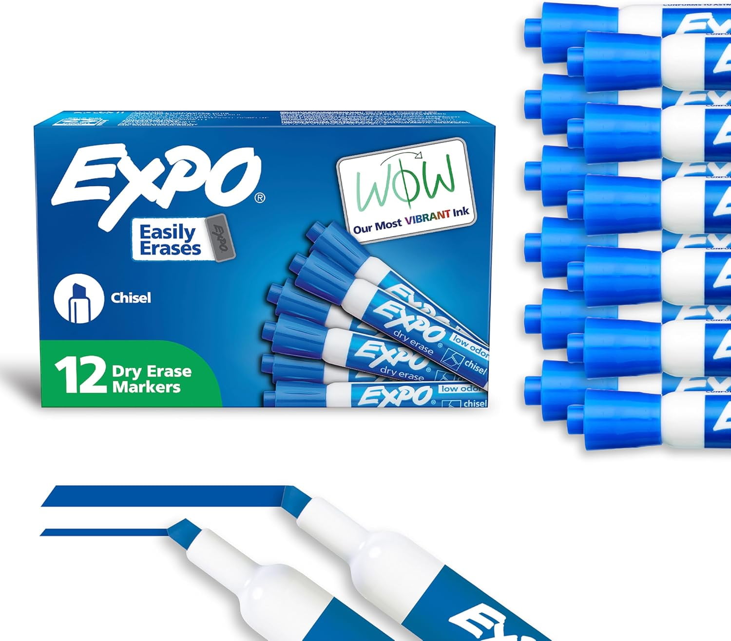 EXPO Low Odor Dry Erase Markers Chisel Tip Blue 12 Count - Walmart.com