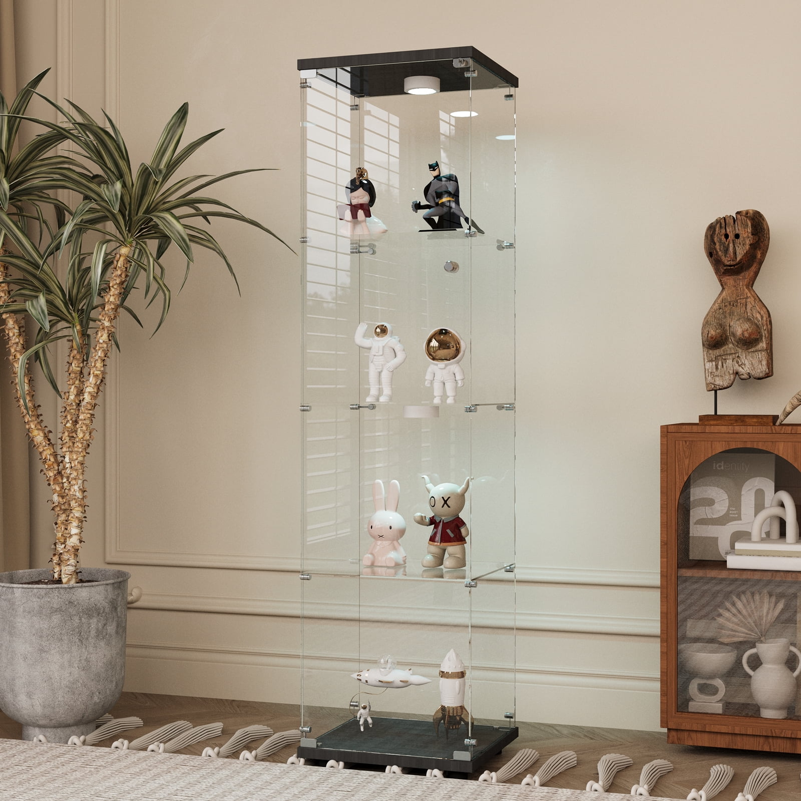 EXRACING Tempered Glass Display Cabinet, Storage Cabinet with LED Lights, Adjustable Feet, Black ...