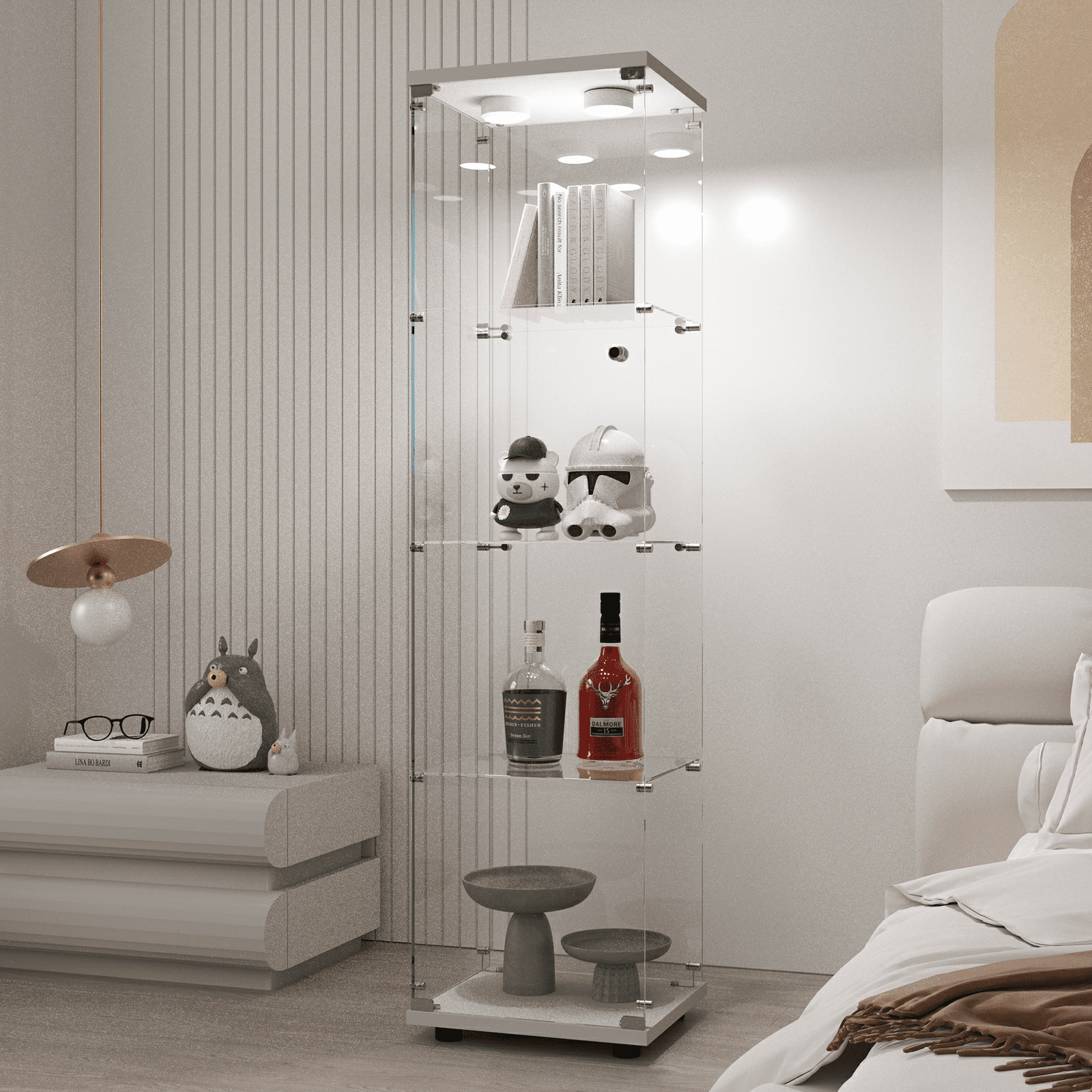 EXRACING Tempered Glass Display Cabinet, Storage Cabinet with LED Lights, Adjustable Feet, White ...