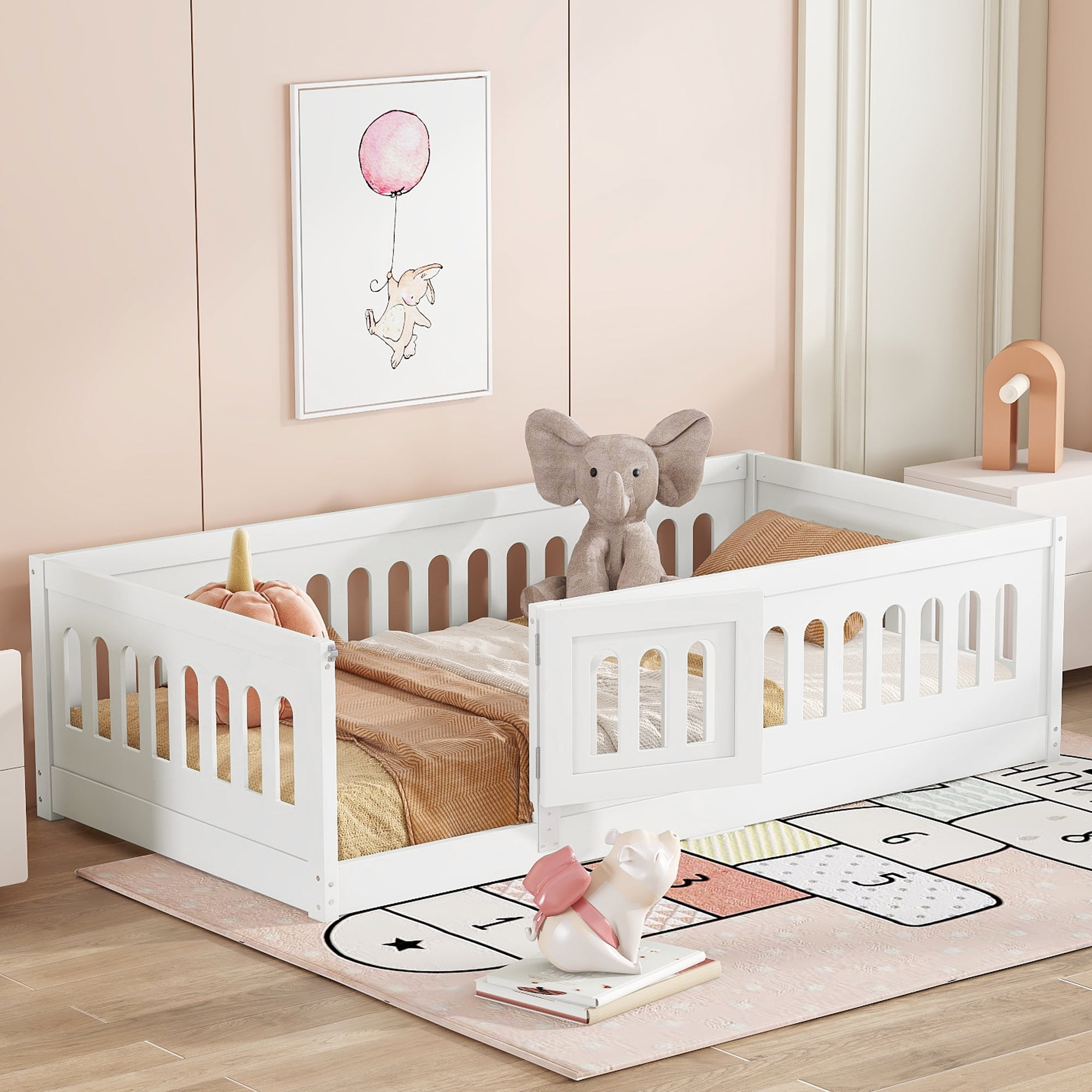 EXRACING Twin Size Floor Bed with Slats, Solid Wood Bedframe with Heightened Safety Guardrails ...