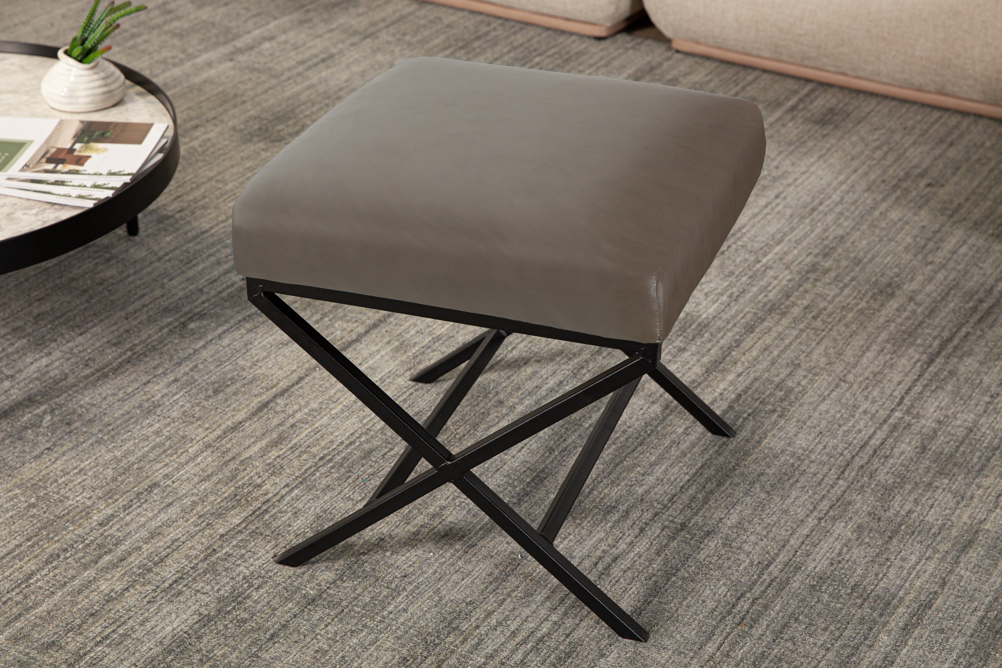 EXTRA COMFY 20" Square Metal X-Base Ottoman - Dark Brown Faux Leather ...