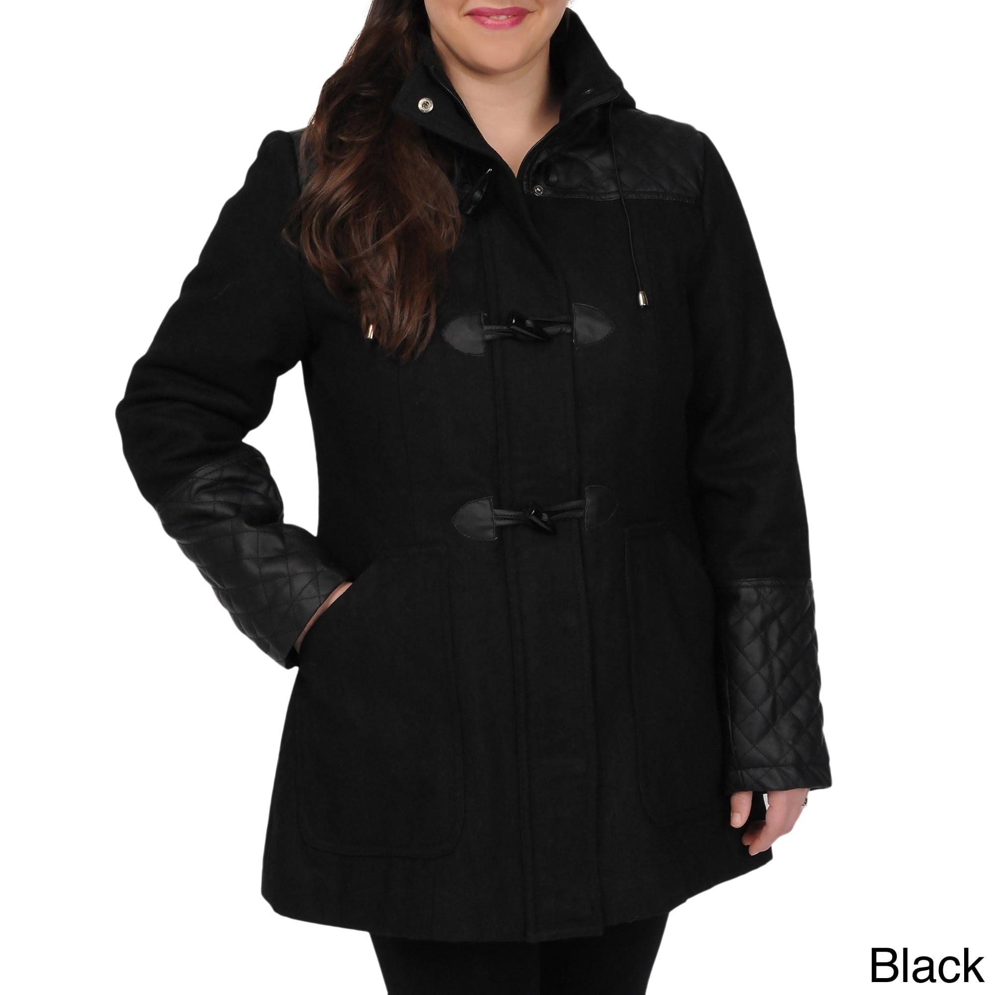 EXcelled Ladies Wool Toggle Coat with Faux Leather Inserts and ...