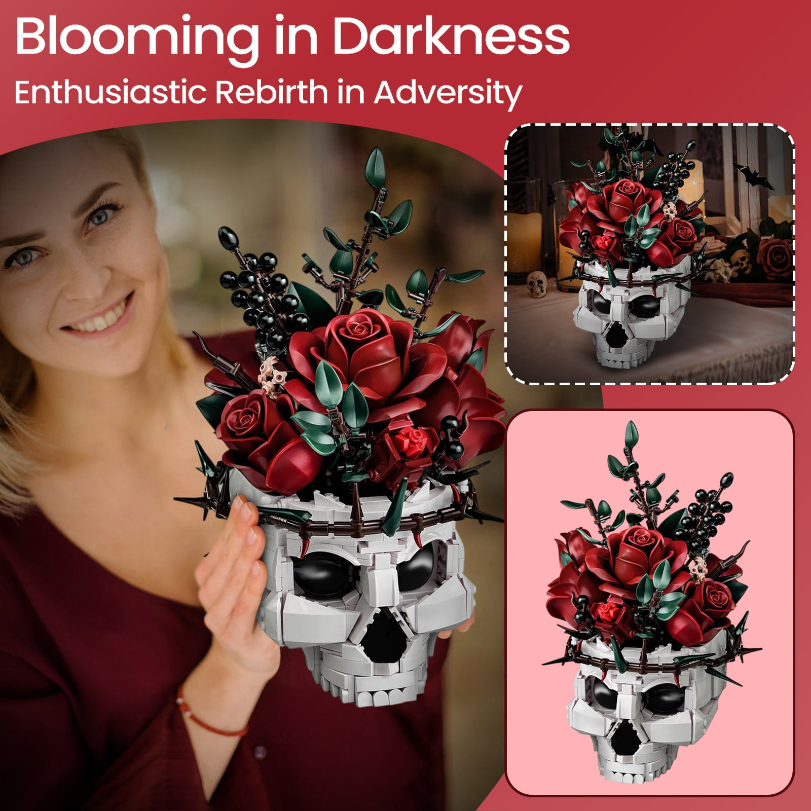 EXlal 2025 Halloween Skull Rose Bouquet Mini Building Set,Gothic Flower Pots Building Block Set ...