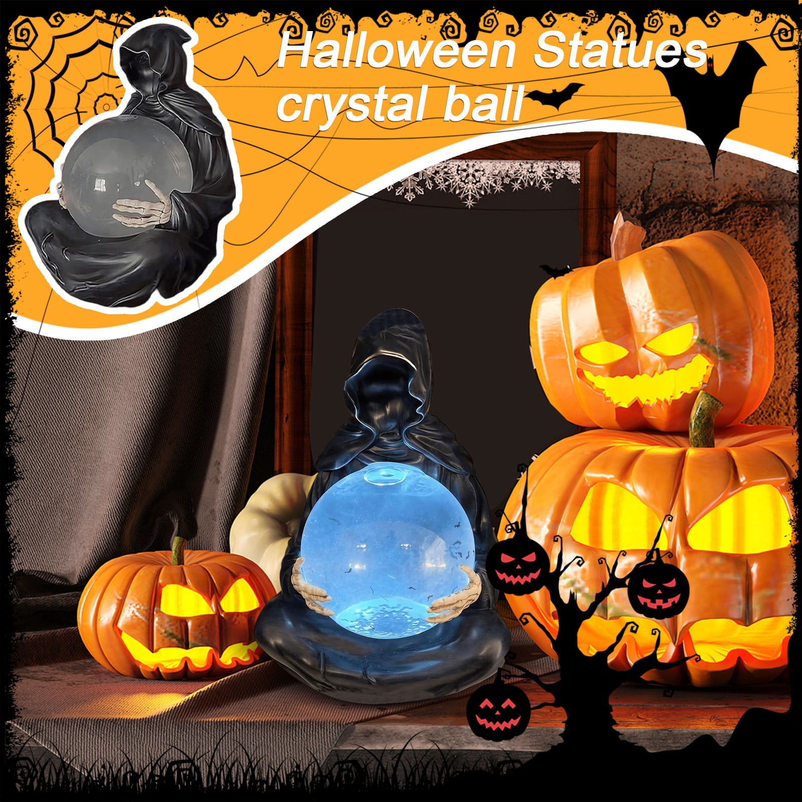 EXlal Grim Reaper Statue with Flying Bats Crystal Ball, Halloween Decor ...