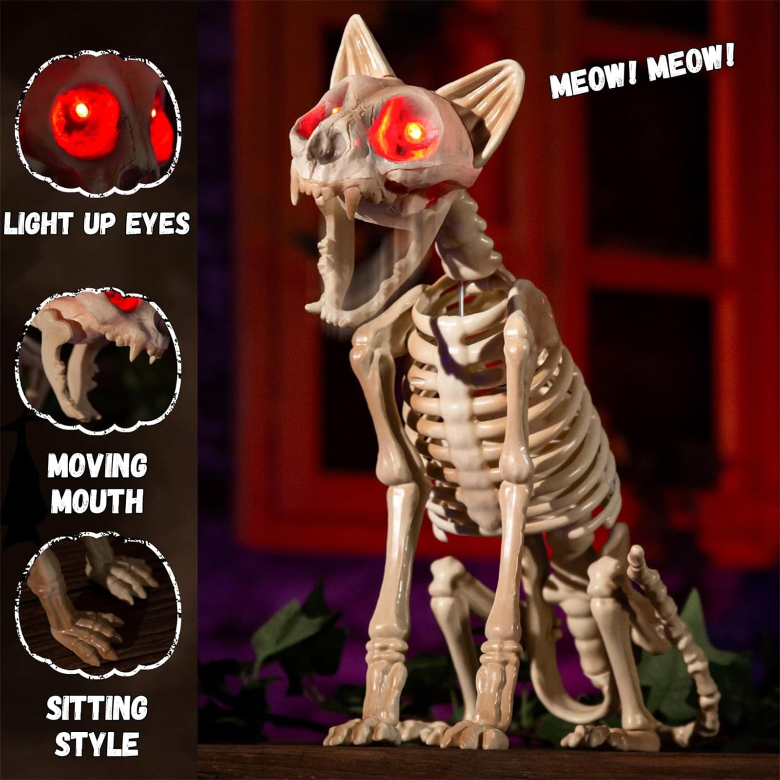 EXlal Halloween Animatronics 15" Skeleton Cat, Realistic Skull Animal ...