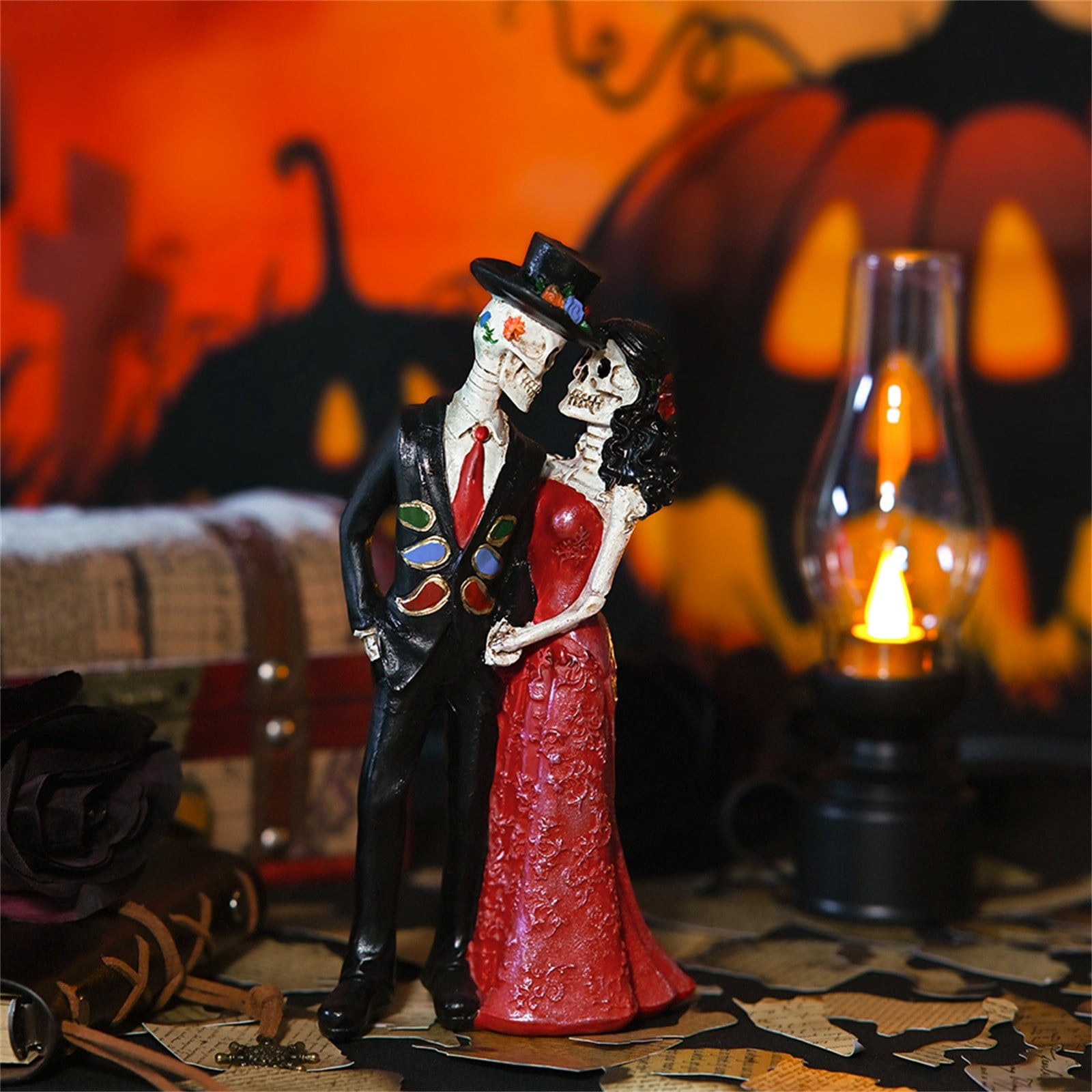 EXlal Skeleton Bride and Groom Figurines, Love Never Dies In Bridal ...