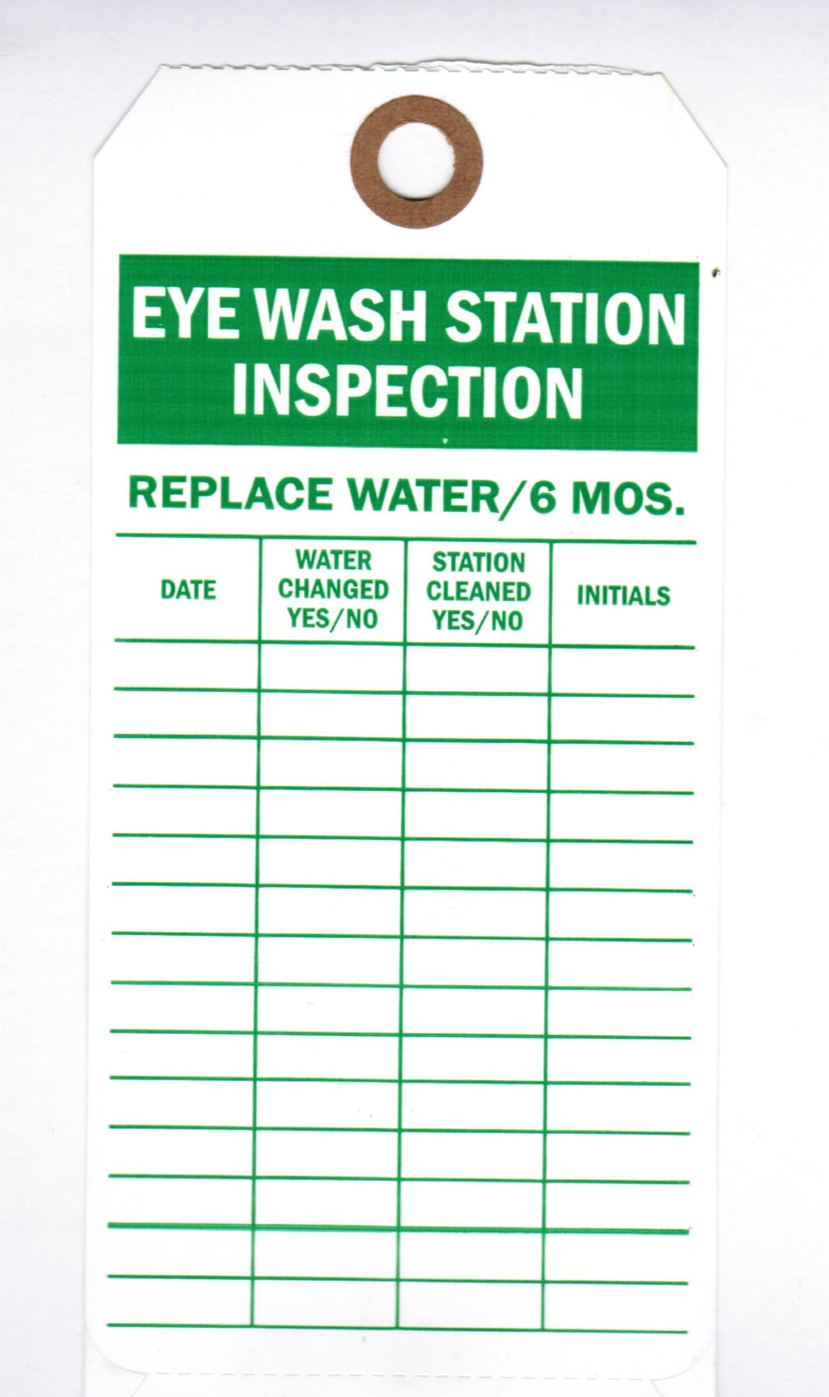 EYE WASH STATION INSPECTION Tag, 6-1/8" x 3", Printed 2 Sides, Green on ...