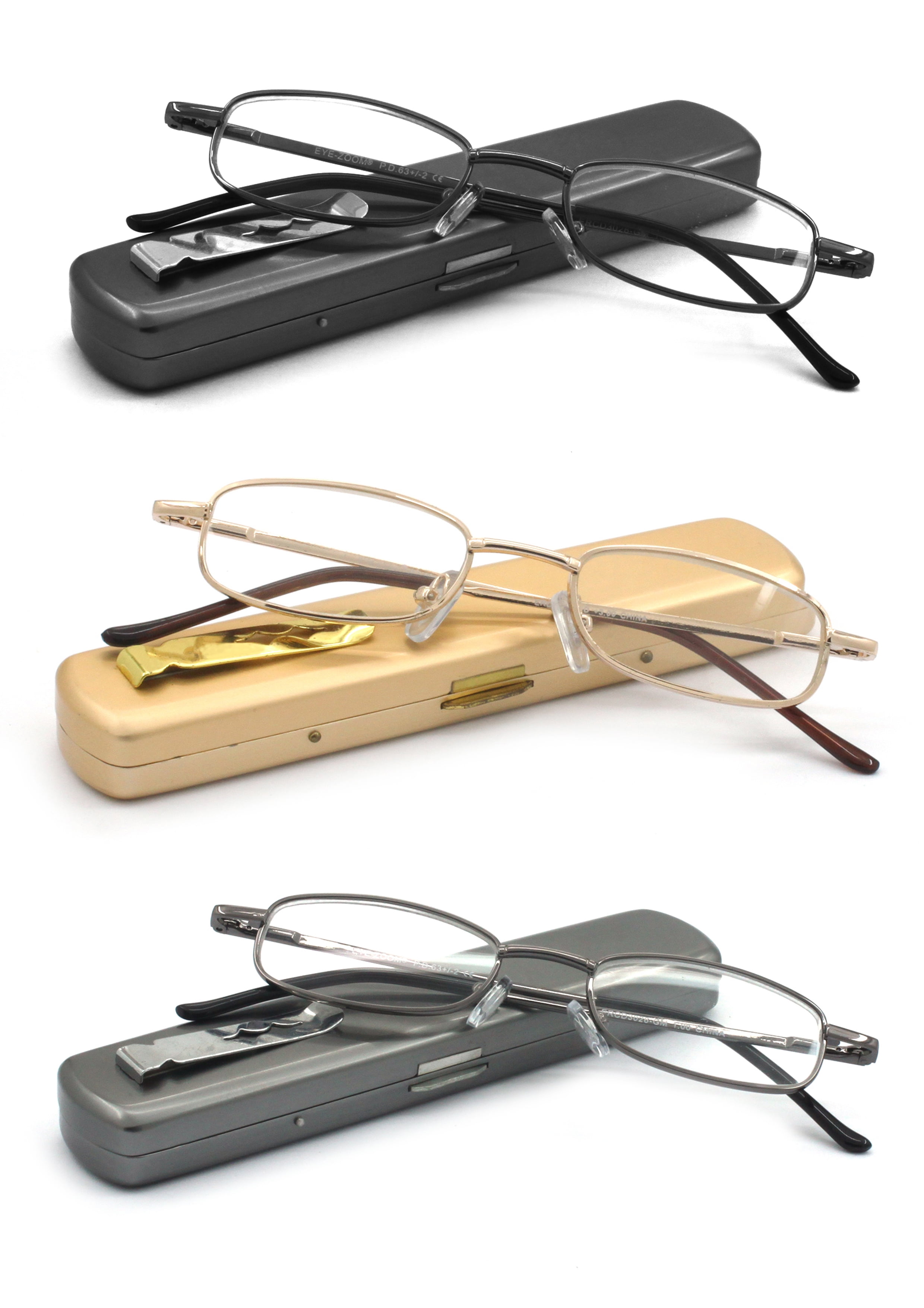 EYE ZOOM 3 Pack Compact Light Metal Portable Reading Glasses with ...