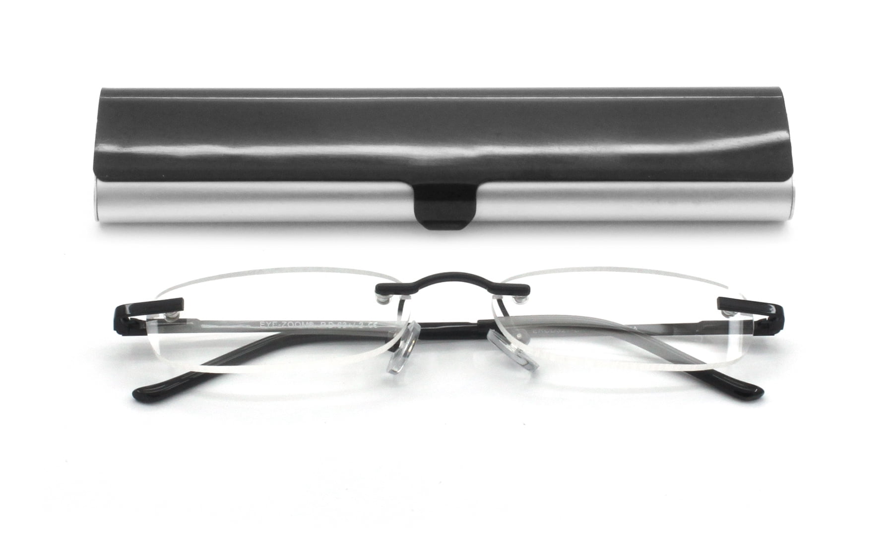 EYE ZOOM Compact Rimless Reading Glasses with Slim Black and Silver ...