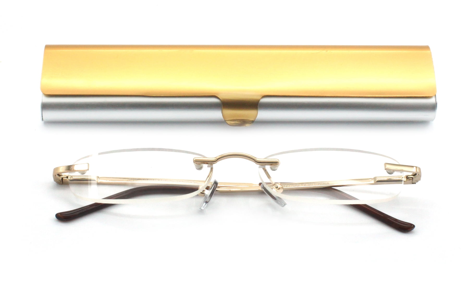 EYE ZOOM Compact Rimless Reading Glasses with Slim Gold and Silver Case ...