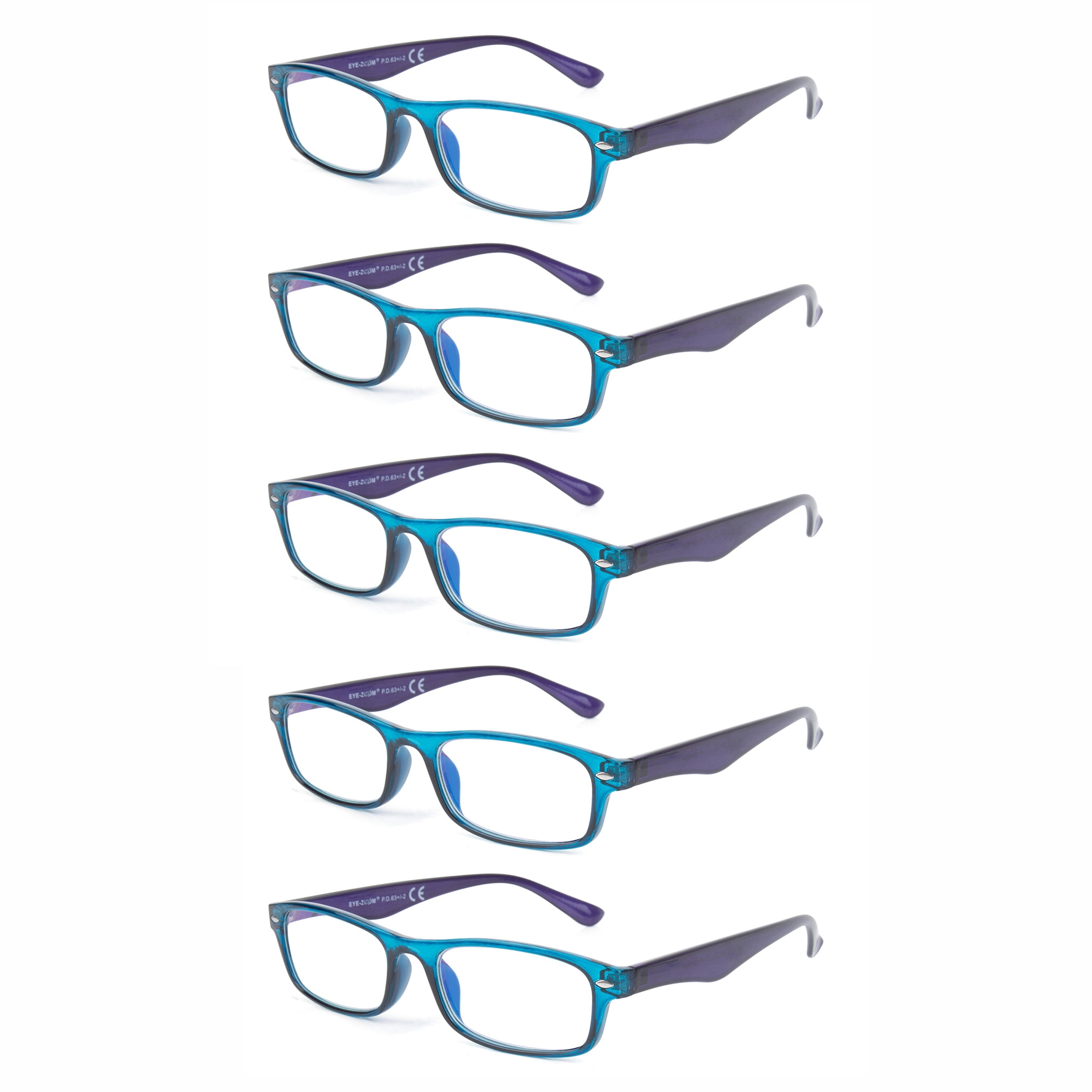 EYEZOOM 5 Pack Blue Light Blocking and Anti UV Classic Plastic Reading Glasses, Blue, +1.50 ...