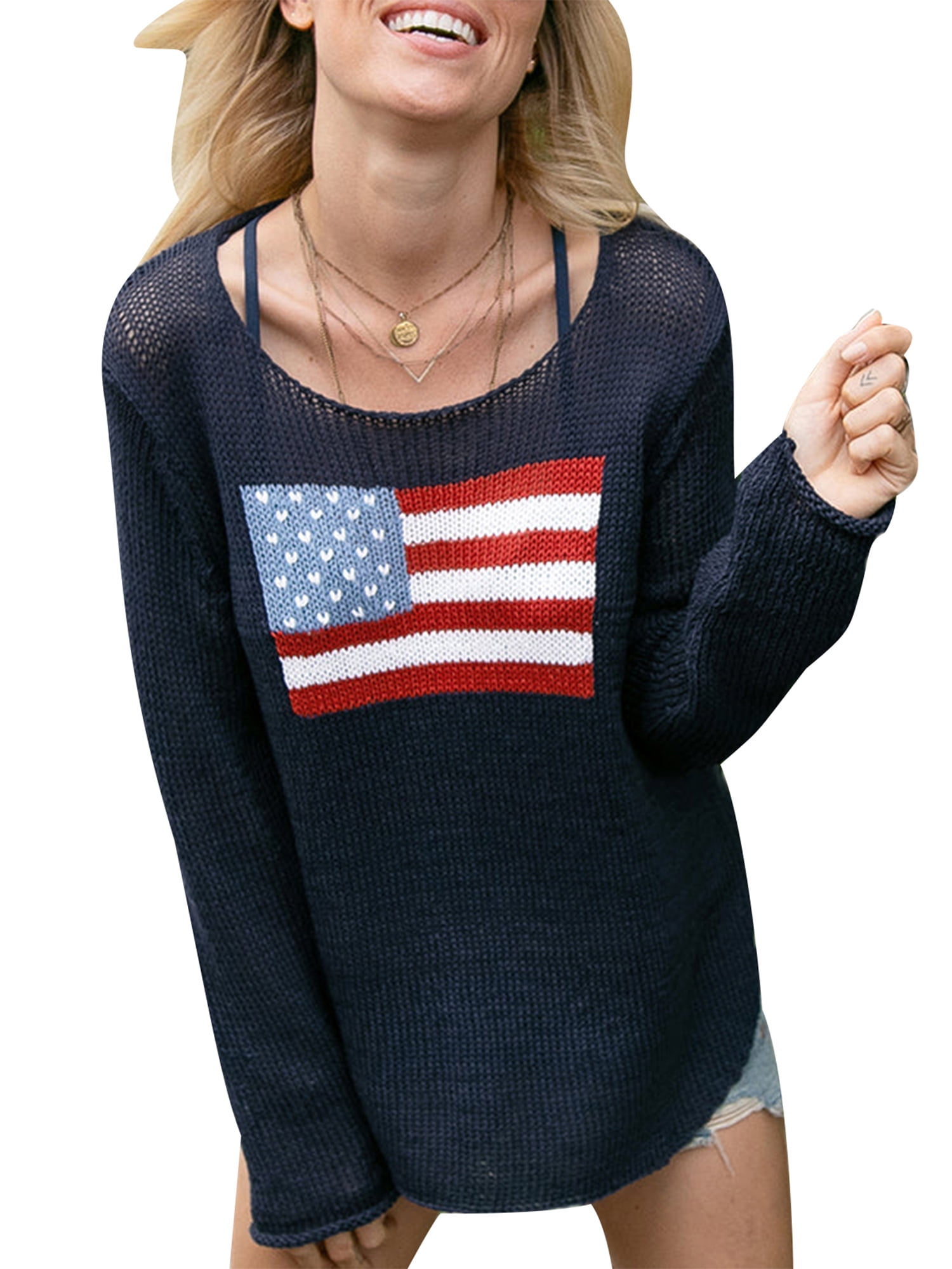 EYIIYE American Flag Knit Sweater Women Long Sleeve Crewneck Flag Print ...