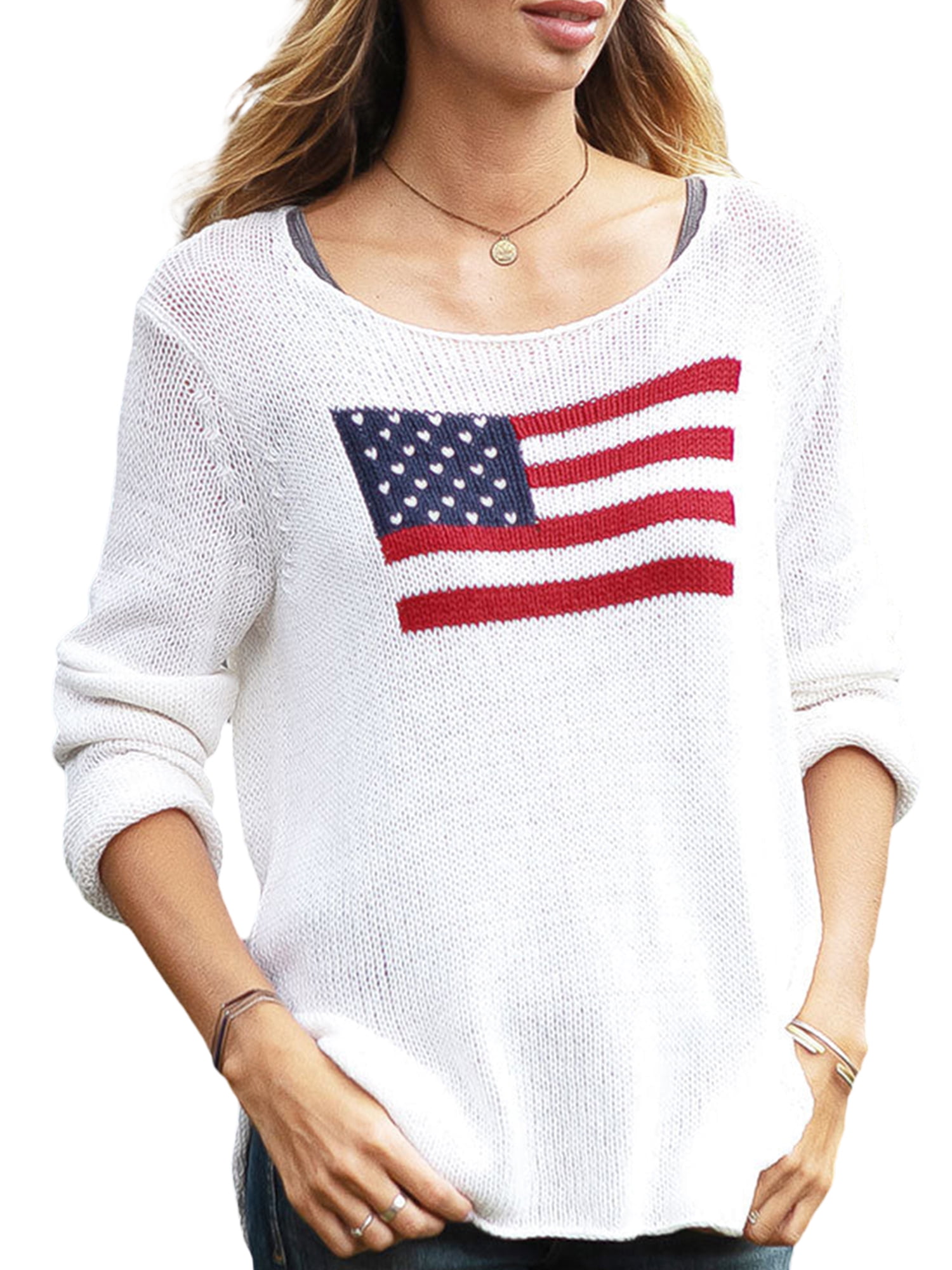 EYIIYE American Flag Knit Sweater Women Long Sleeve Crewneck Flag Print ...