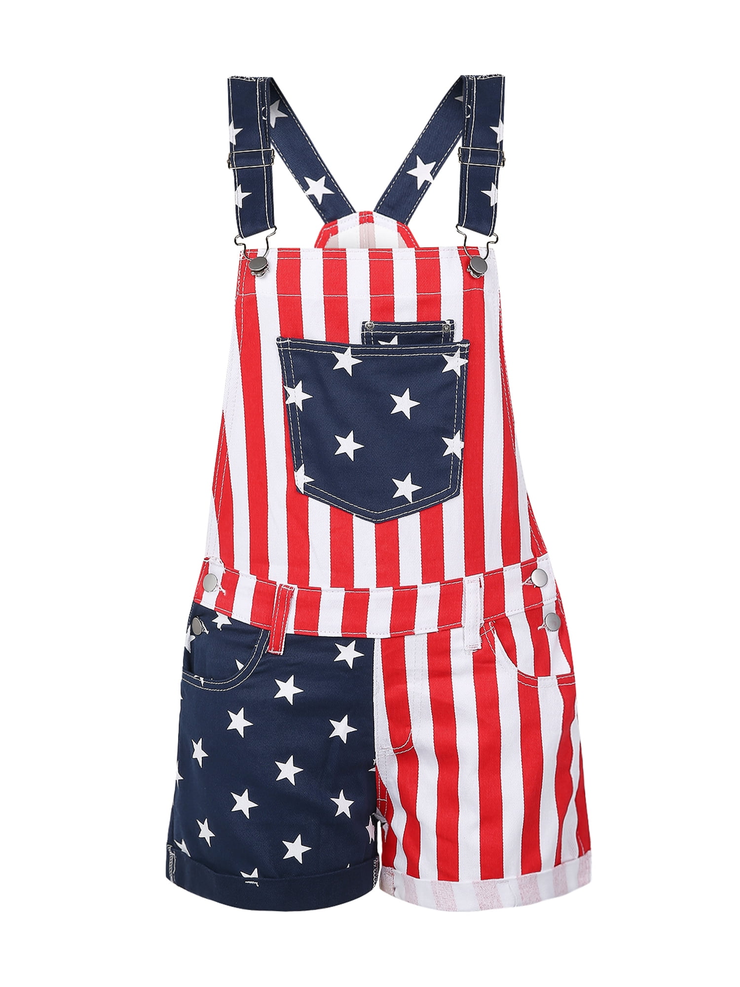 EYIIYE American Flag Overalls Bib Denim Shorts Jean Romper Casual ...