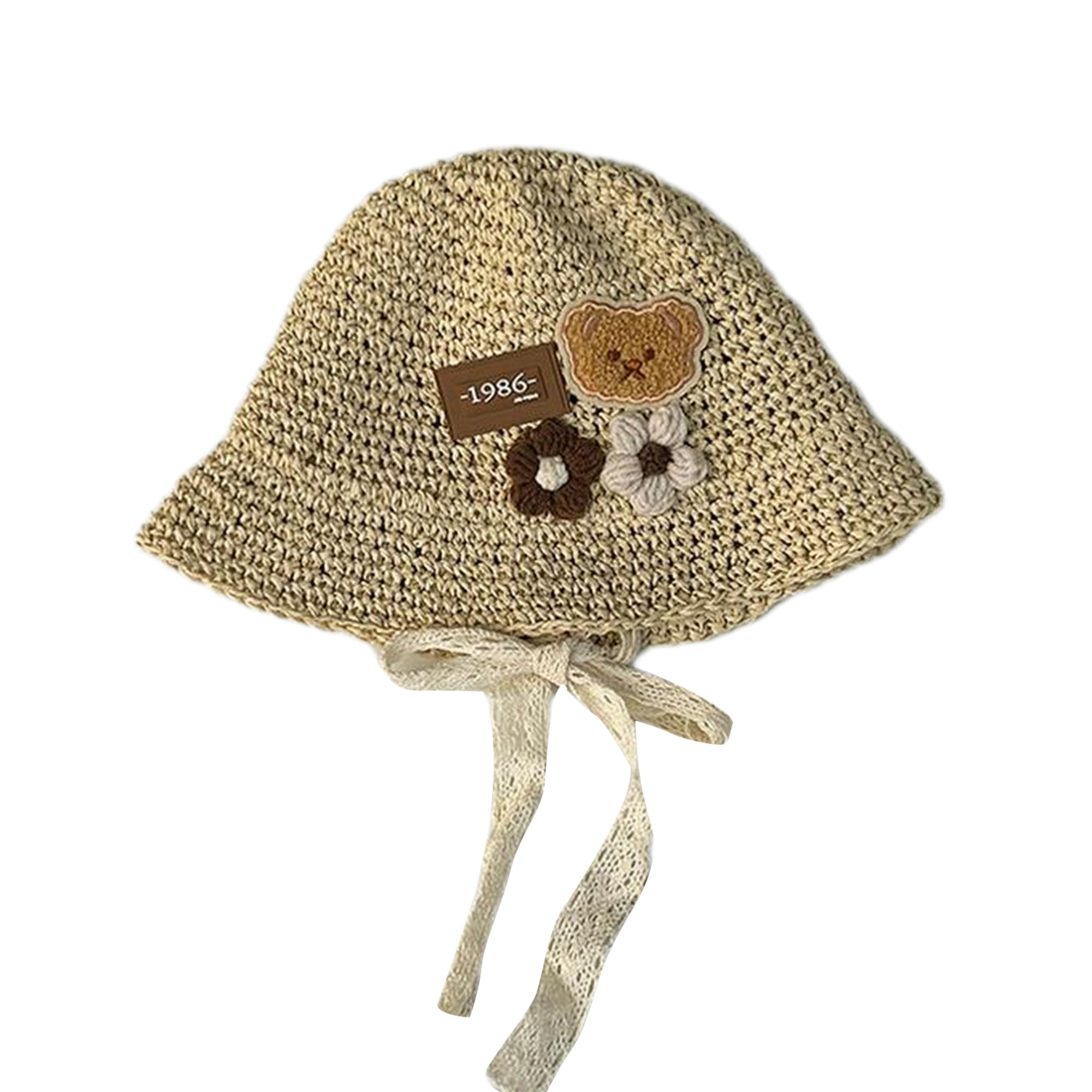 EYIIYE Girl Summer Straw Hat Bear Flower Pattern Breathable Fisherman ...