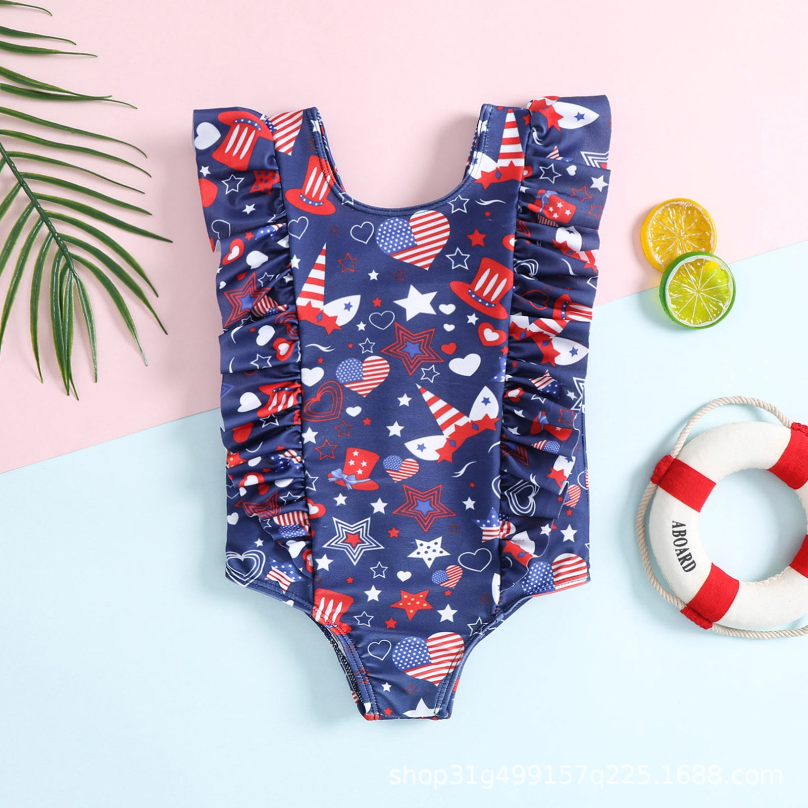 EYIIYE Girls Independence Day Ruffle Sleeve O Neck Star Print Bathing ...