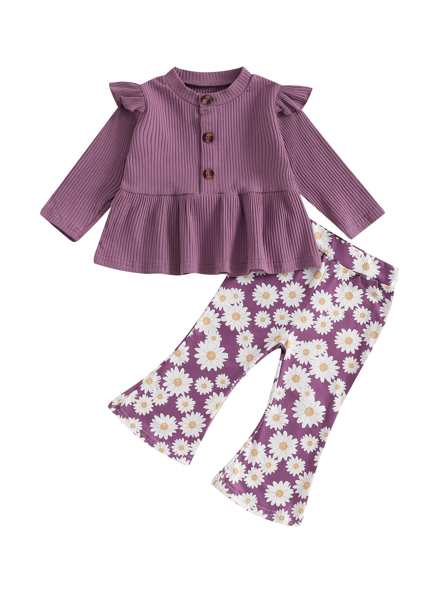 EYIIYE Girls Pants Set, Long Sleeve T-shirt with Flower Print Flare ...