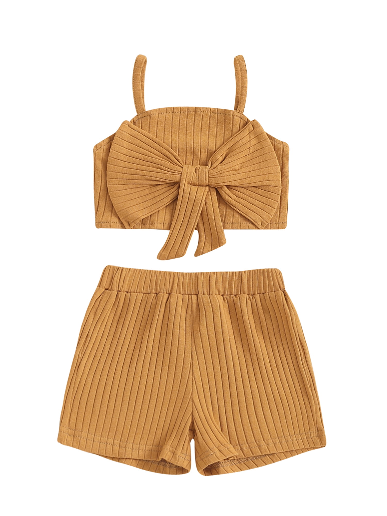 EYIIYE Little Girl Ribbed Outfit, Bow Square Neck Spaghetti Strap Tops ...
