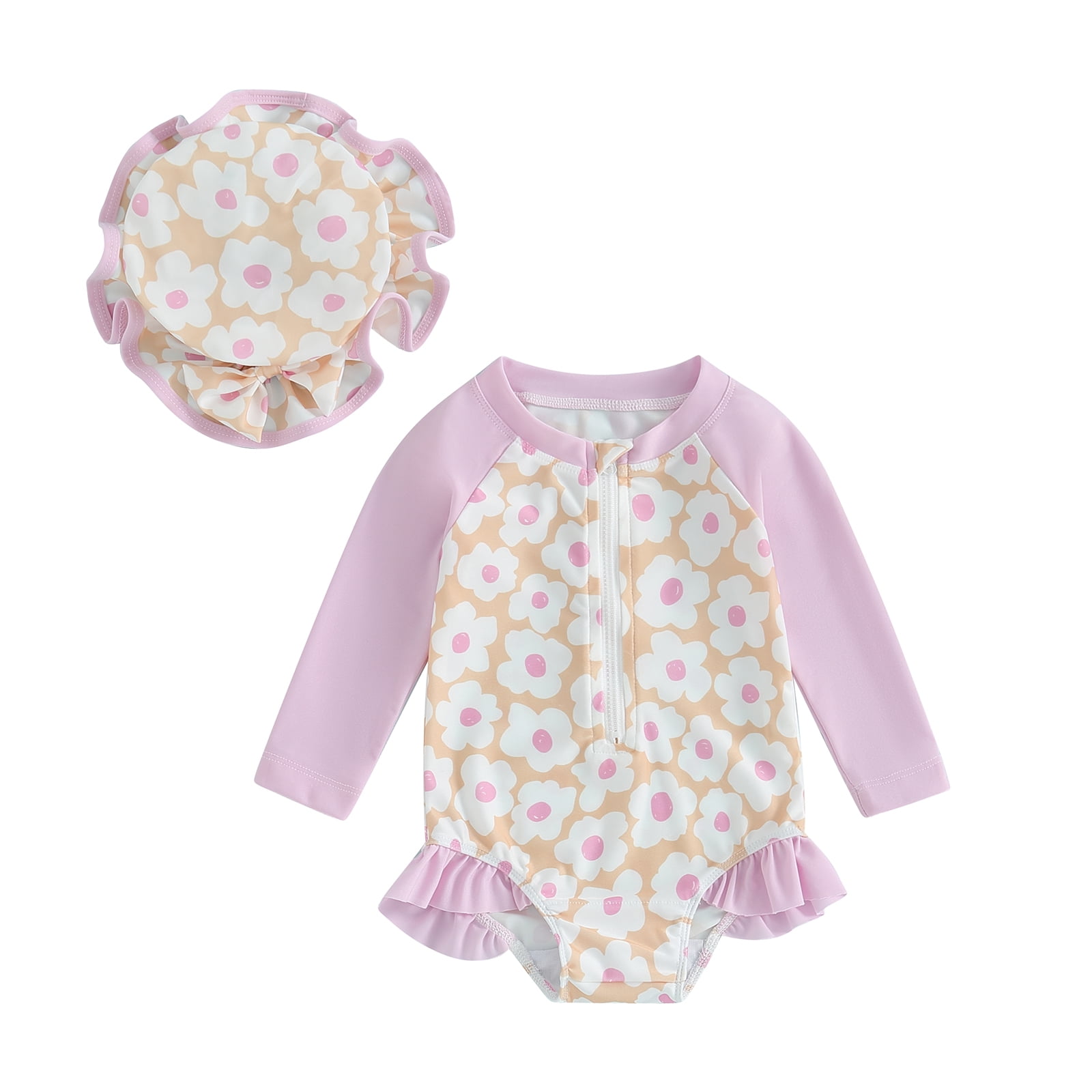 EYIIYE Toddler Girls Rash Guard Swimsuit Rompers Long Sleeve Floral Print Baby Ruffles Bathing ...