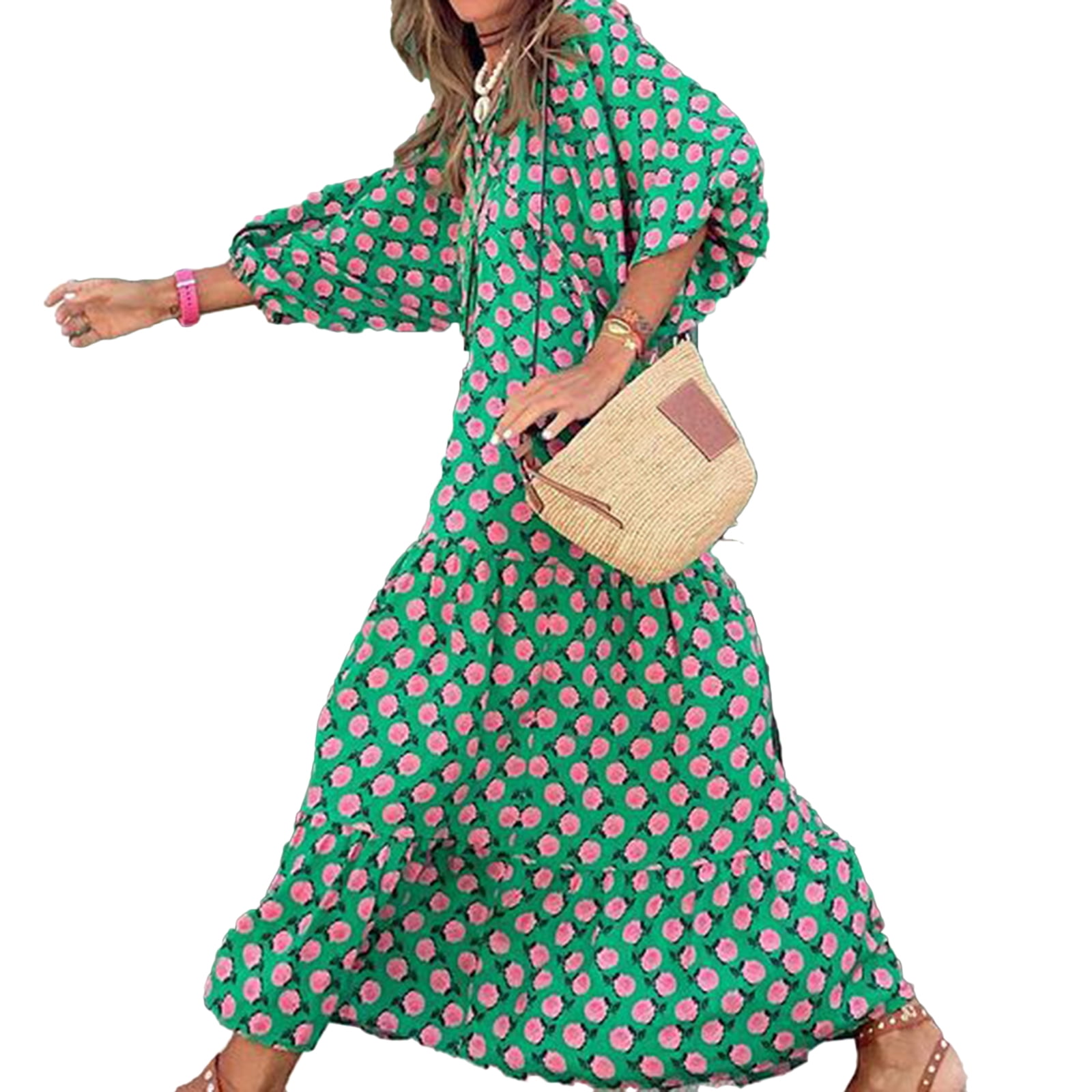 EYIIYE Women Boho Floral Puff Sleeve Tiered Maxi Dress Casual Layered ...