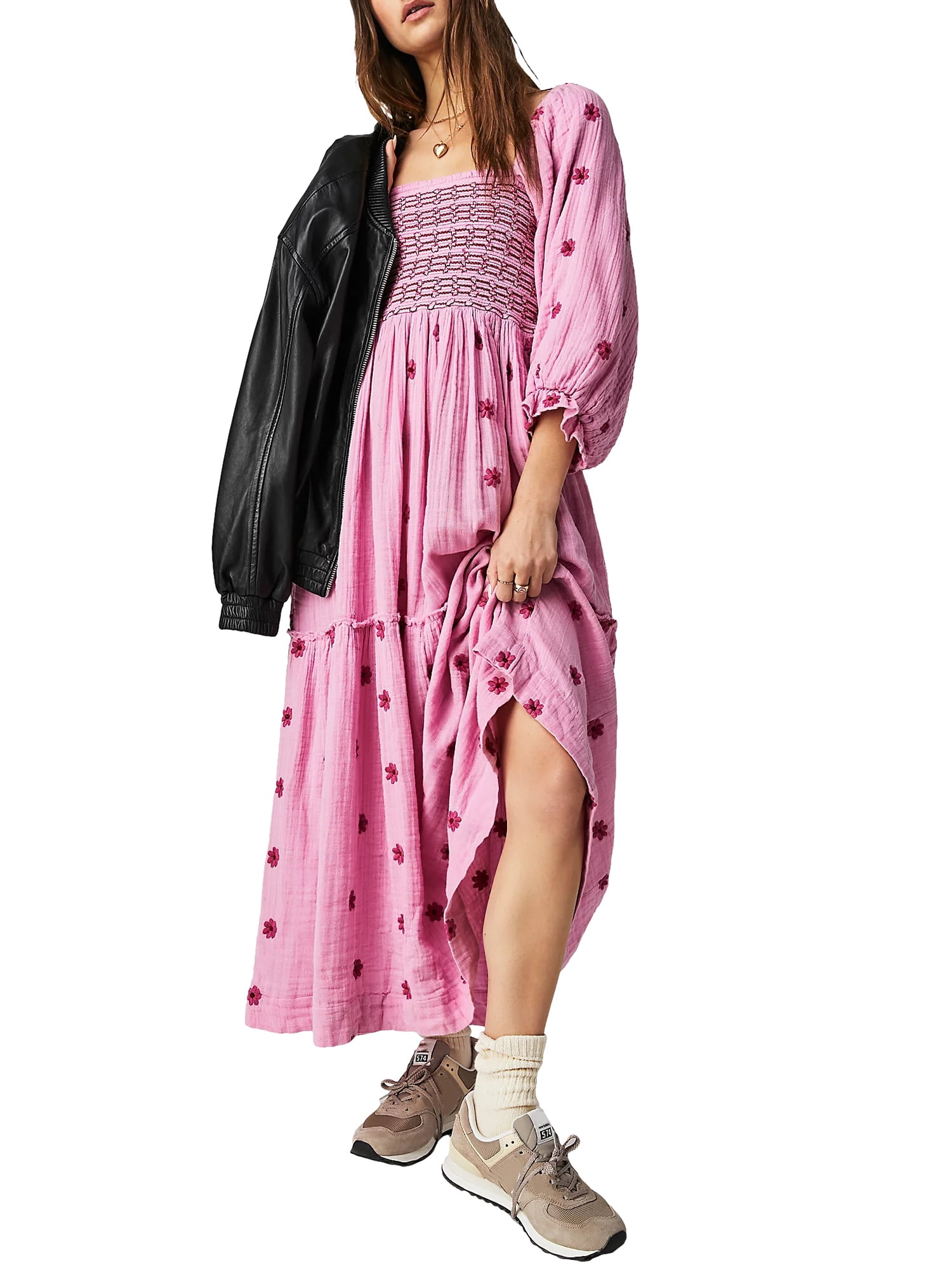 EYIIYE Women Floral Embroidered Maxi Dress Long Puff Sleeve Square Neck ...