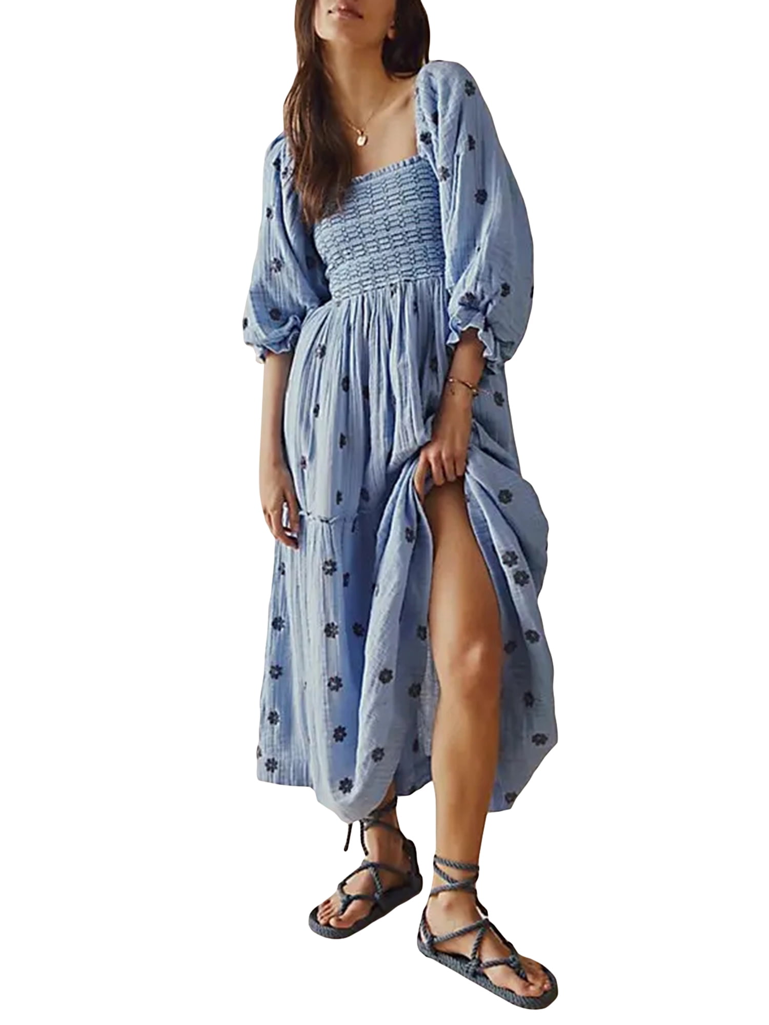 EYIIYE Women Floral Embroidered Maxi Dress Long Puff Sleeve Square Neck ...