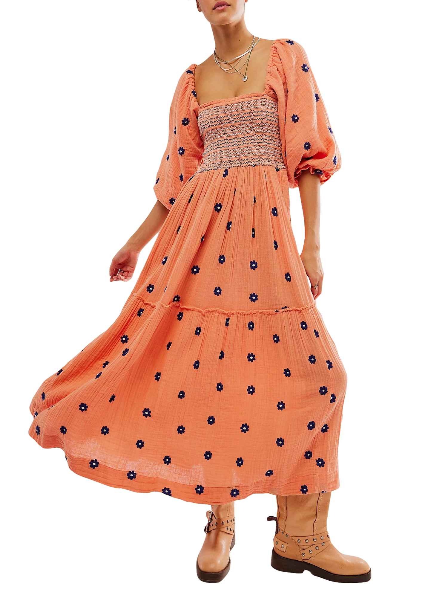 EYIIYE Women Floral Embroidered Maxi Dress Long Puff Sleeve Square Neck ...