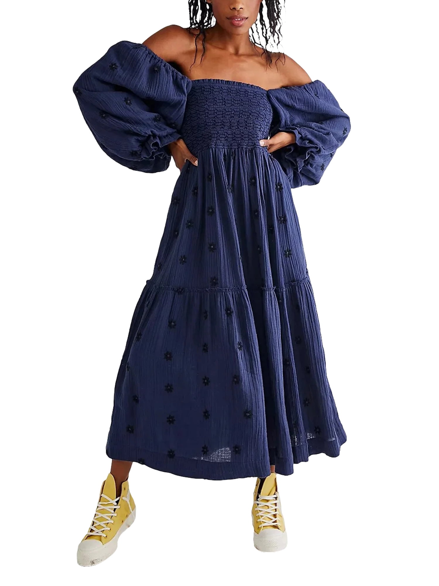 EYIIYE Women Floral Embroidered Maxi Dress Long Puff Sleeve Square Neck ...