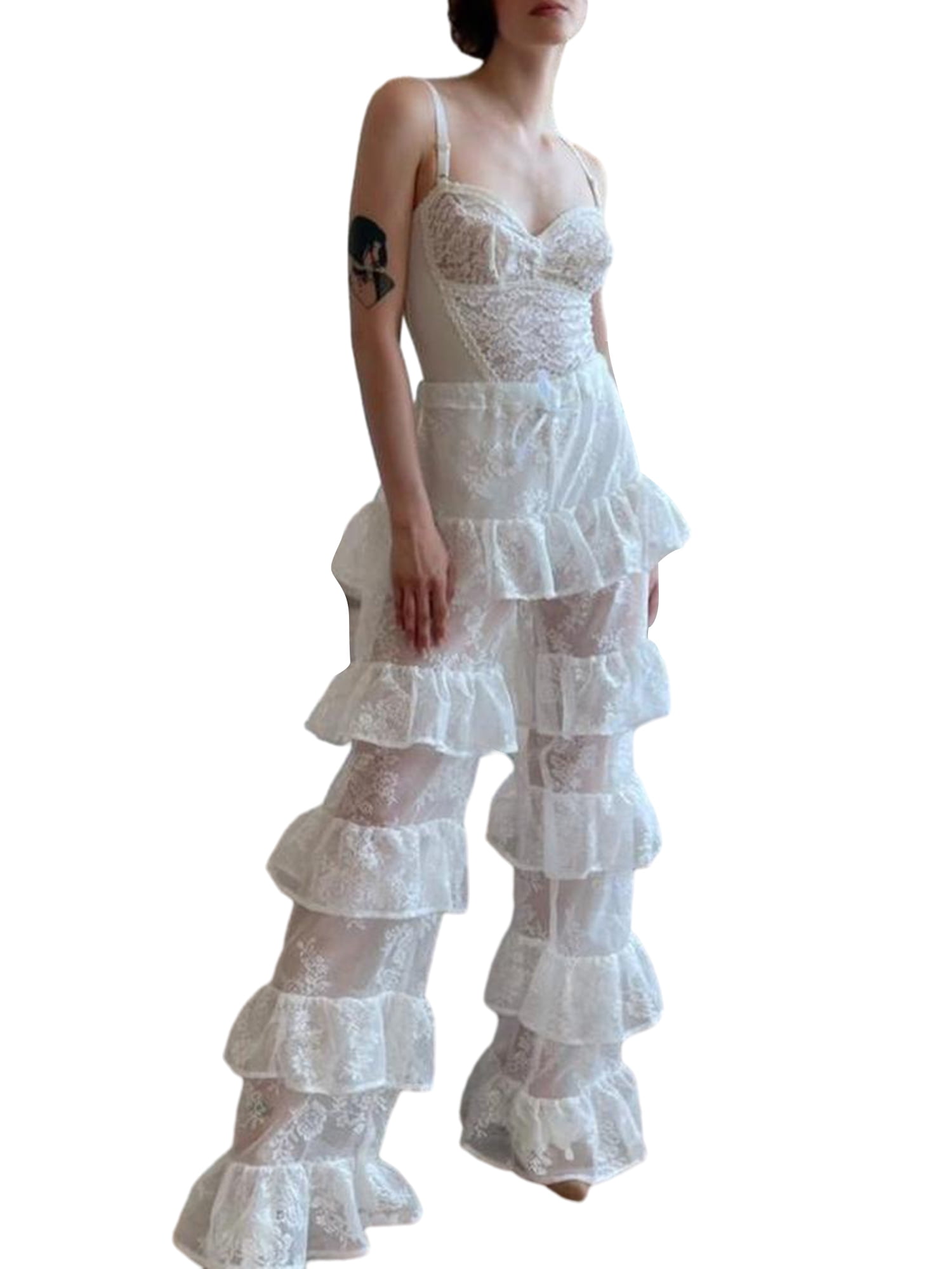 EYIIYE Women Lace Pants, High Waisted Pants See-through Flower Layered ...