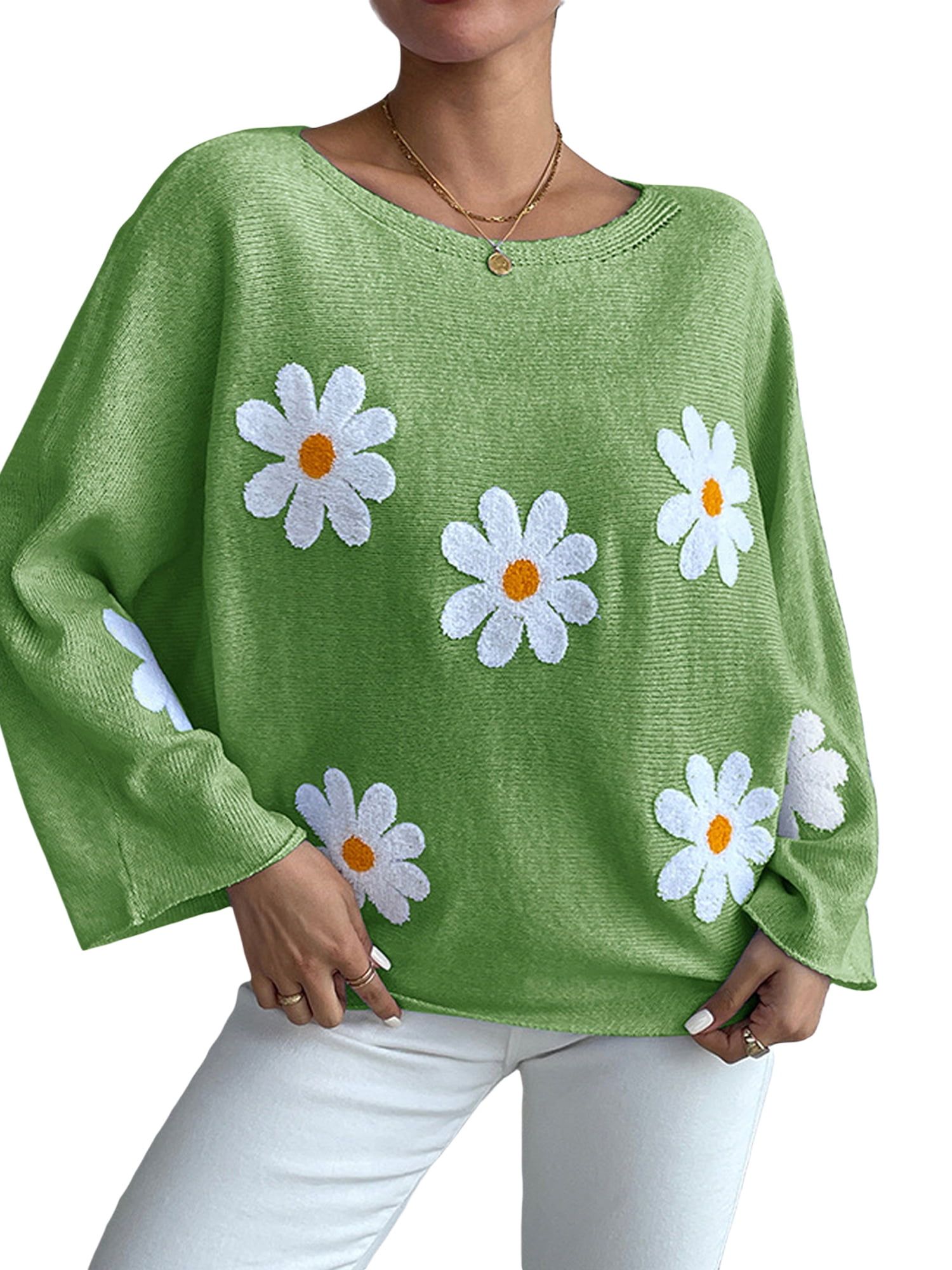 EYIIYE Women Loose Knit Sweater Sweet Flower Embroidered Pullovers Tops ...