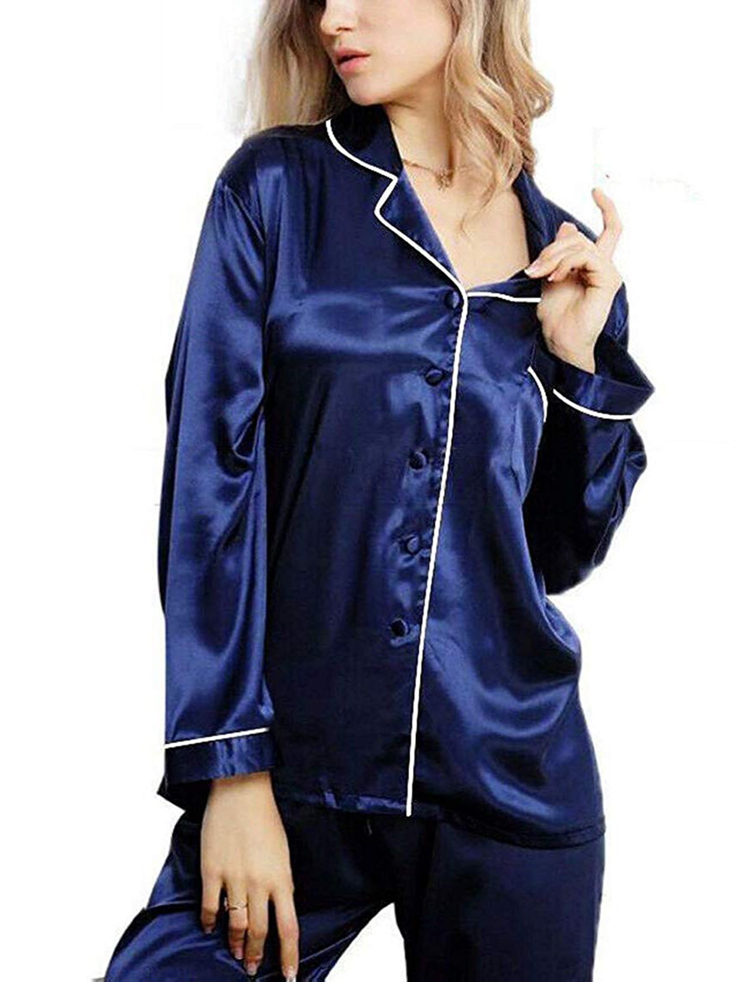 EYIIYE Women's Silk Satin Button Long Sleeve Pajamas, Loungewear ...
